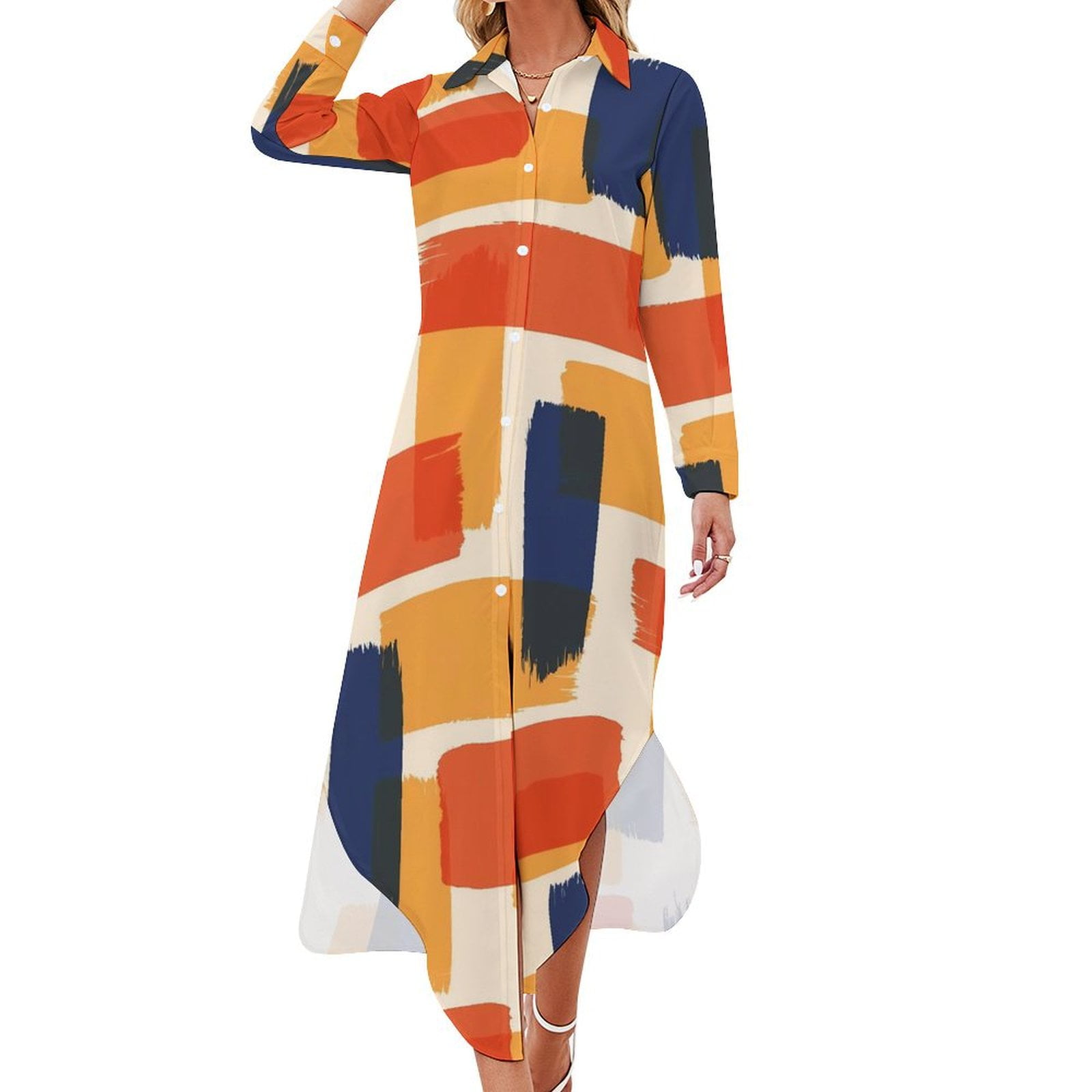 2025 Colorful Brush Print Chiffon Dress Abstract Art Elegant Dresses ...