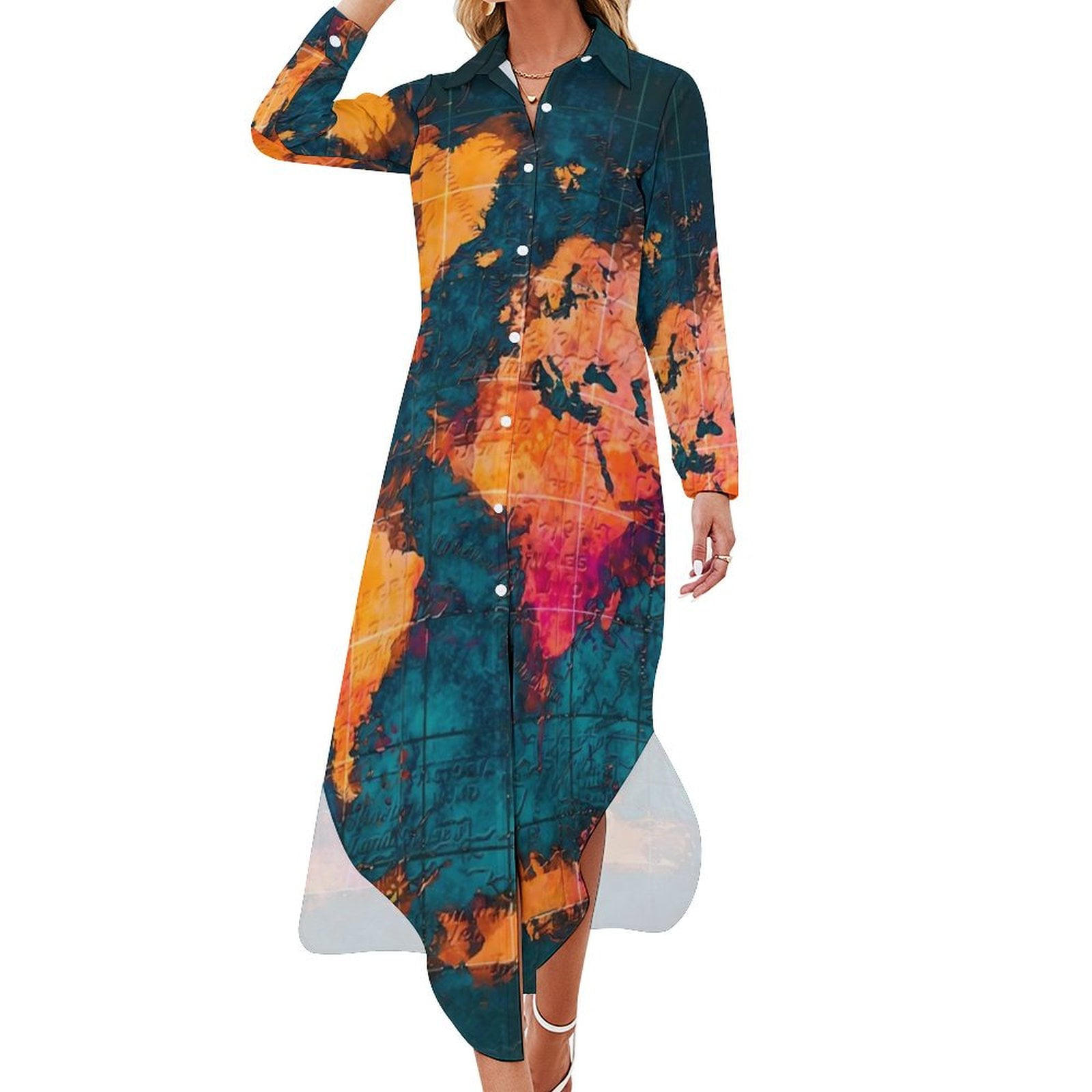 2025 Colorful World Map Chiffon Dress Map Of The World Elegant Dresses ...