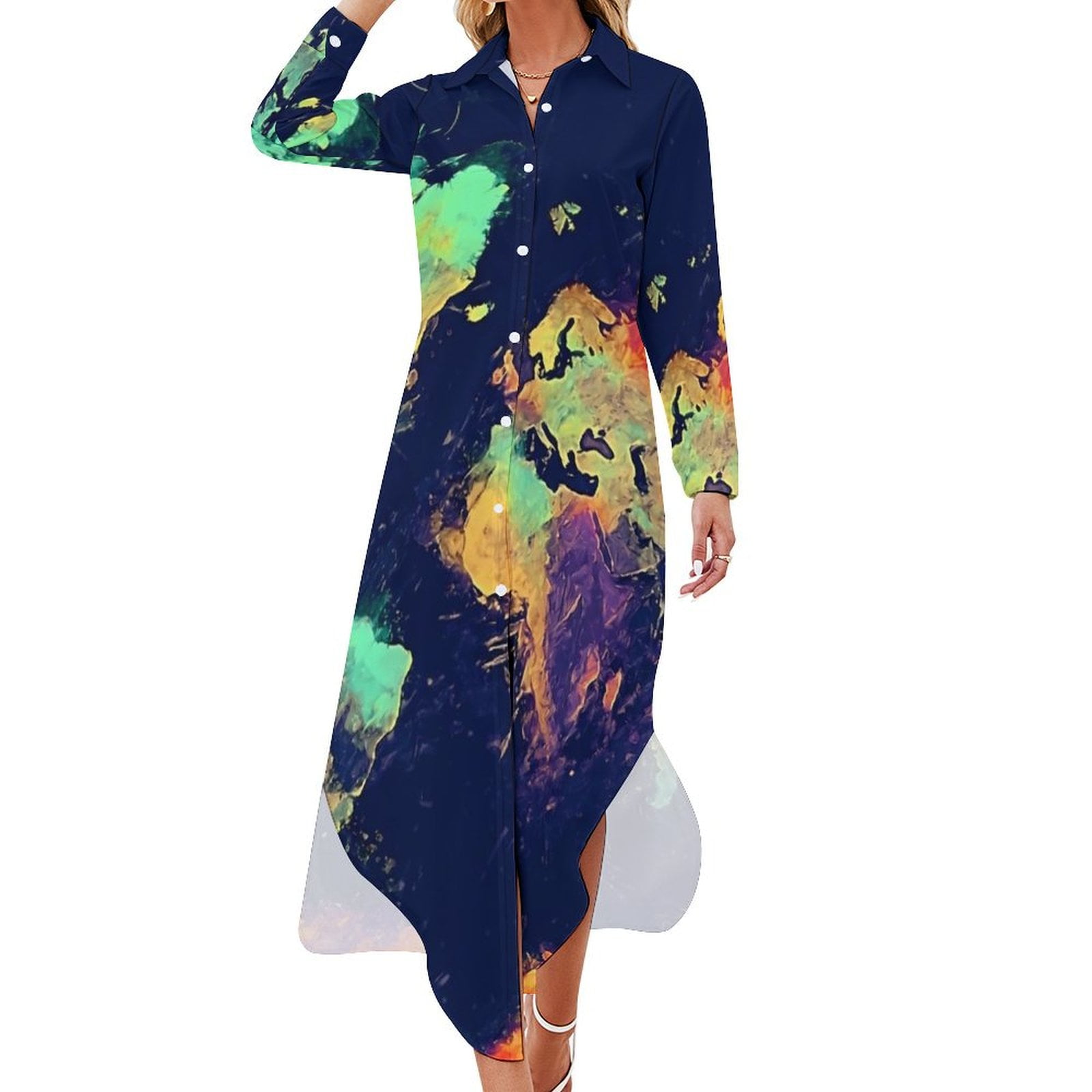 2025 Colorful World Map Chiffon Dress Map Of The World Elegant Dresses ...