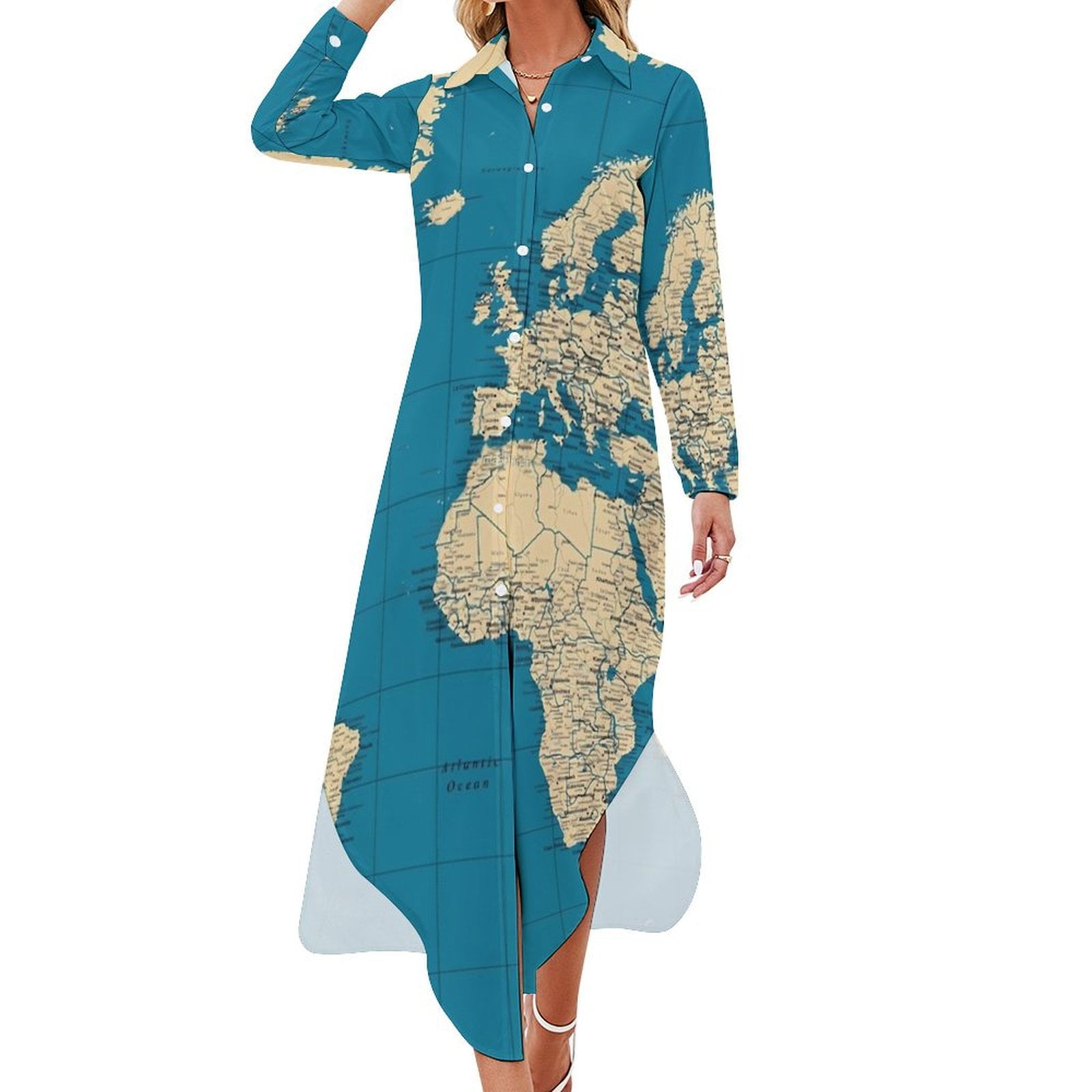 2025 Colorful World Map Chiffon Dress Map Of The World Elegant Dresses ...