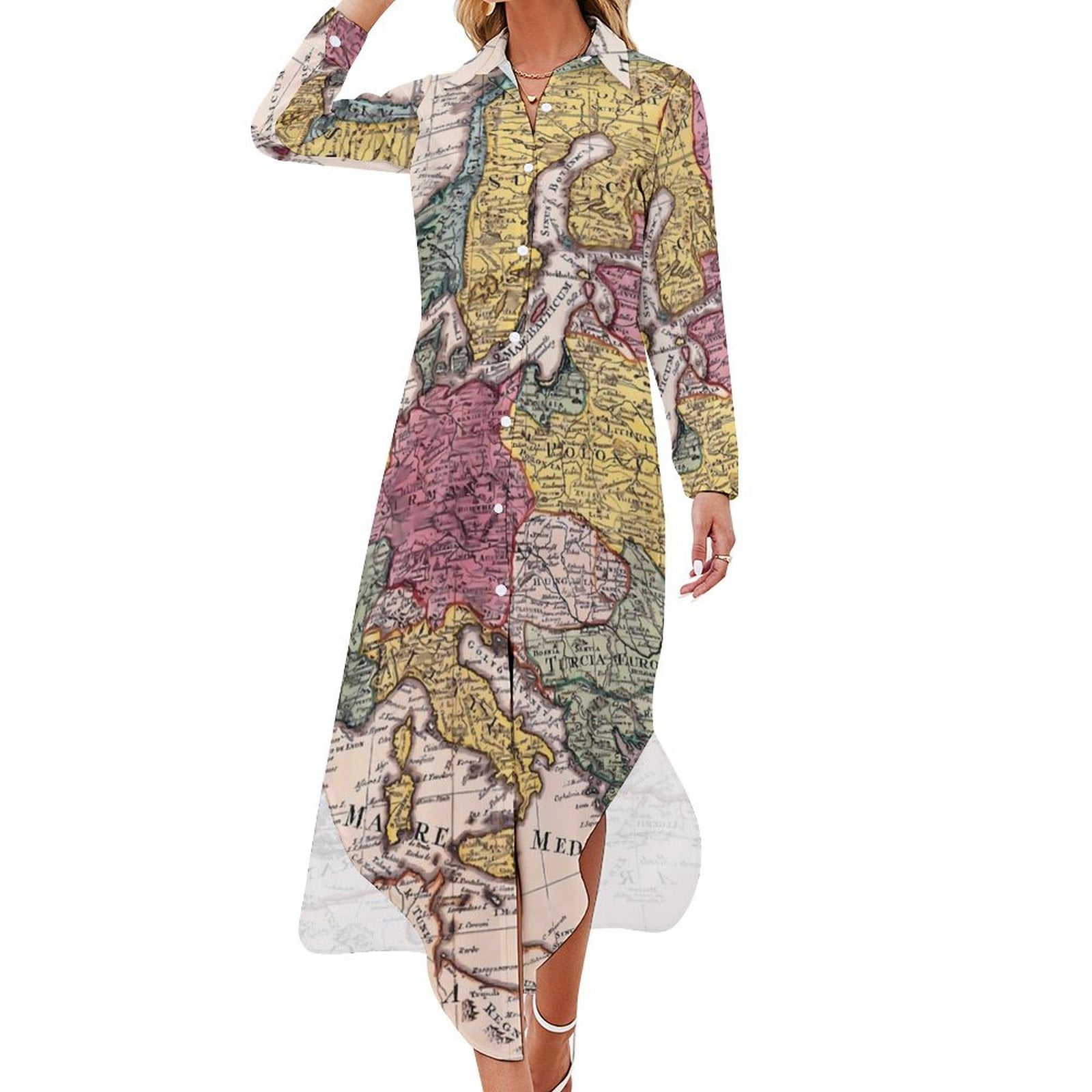 2025 Colorful World Map Chiffon Dress Map Of The World Elegant Dresses ...