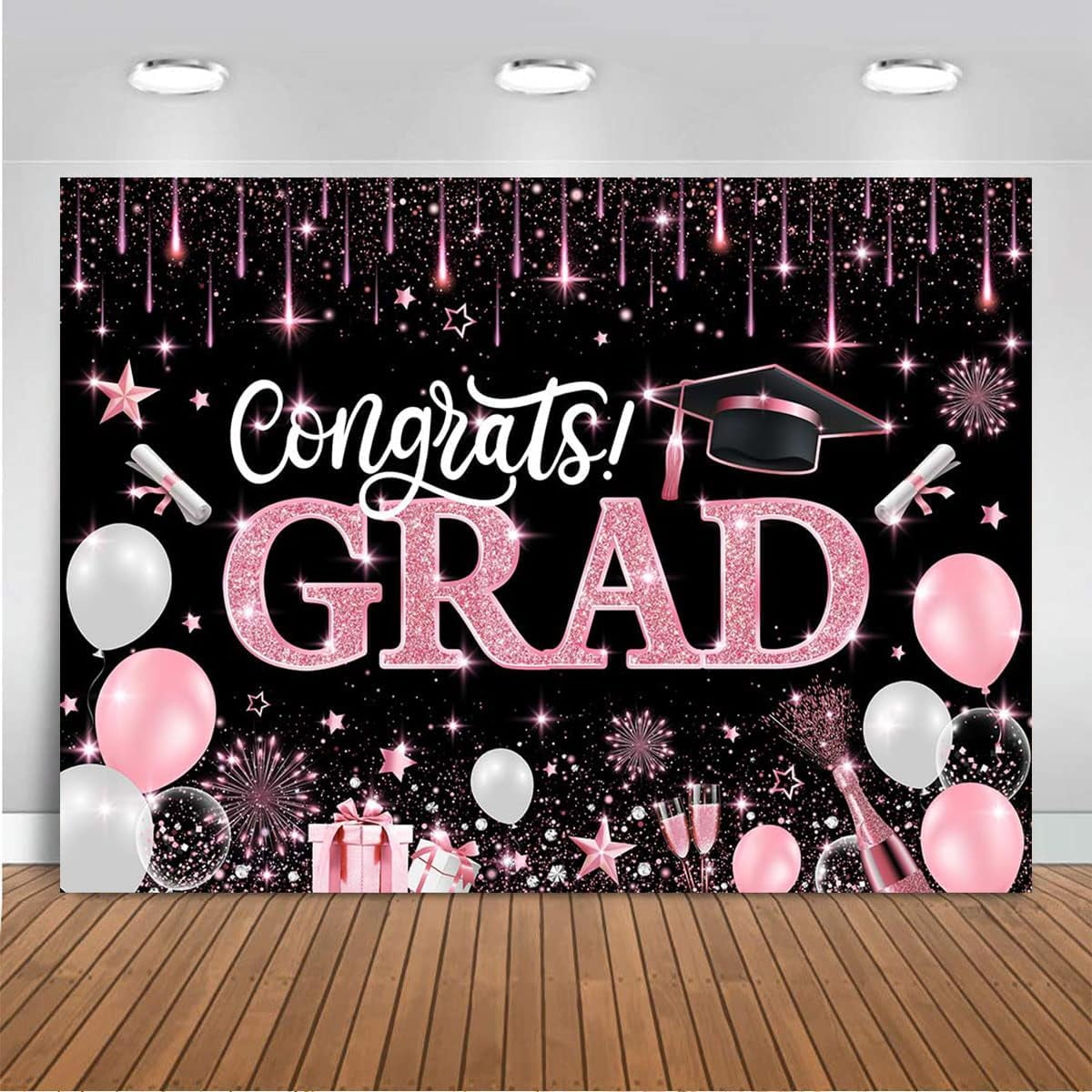 2025 Congrats Grad Backdrops Black and Rose Gold Graduation Decorations ...