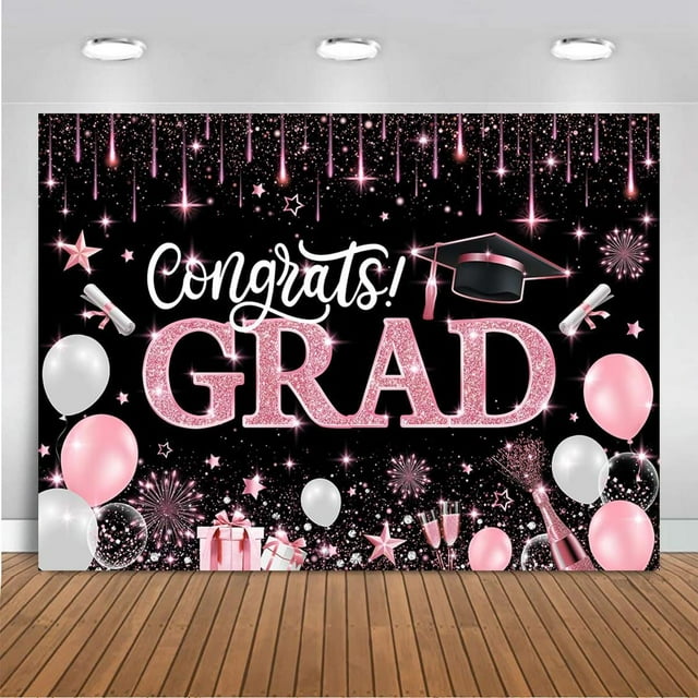 2025 Congrats Grad Backdrops Black and Rose Gold Graduation Decorations ...