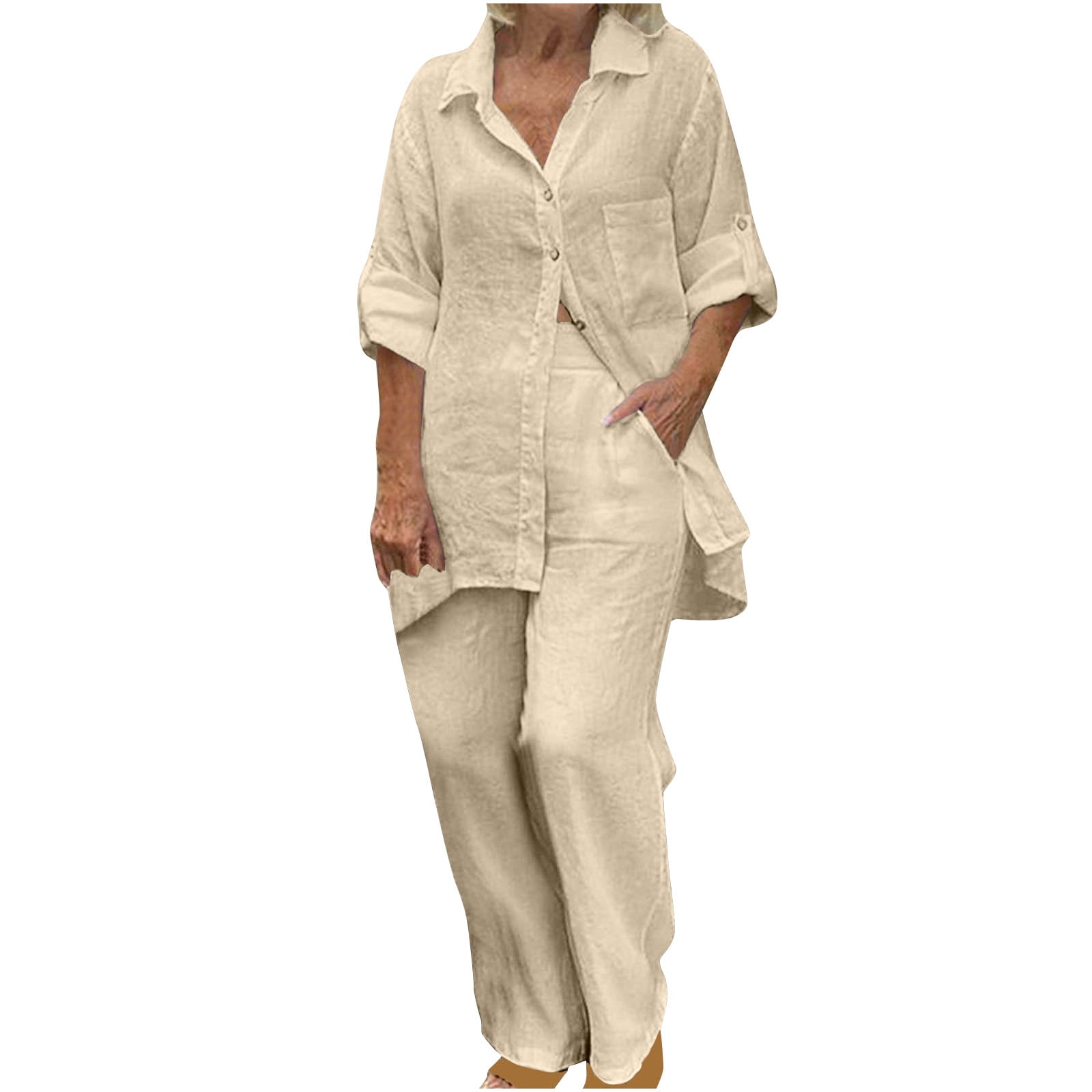 2025 Cotton Linen 2 Piece Plus Size Outfits for Women, Long Sleeve ...