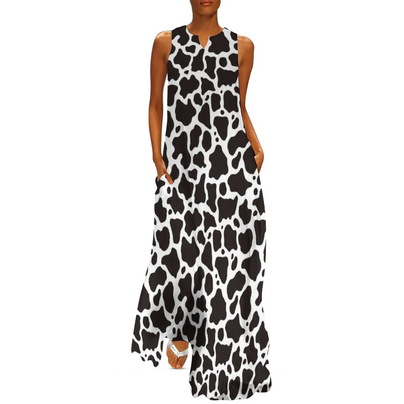2025 Cow Print Dress Animal Hide Elegant Maxi Dress V Neck Printed ...