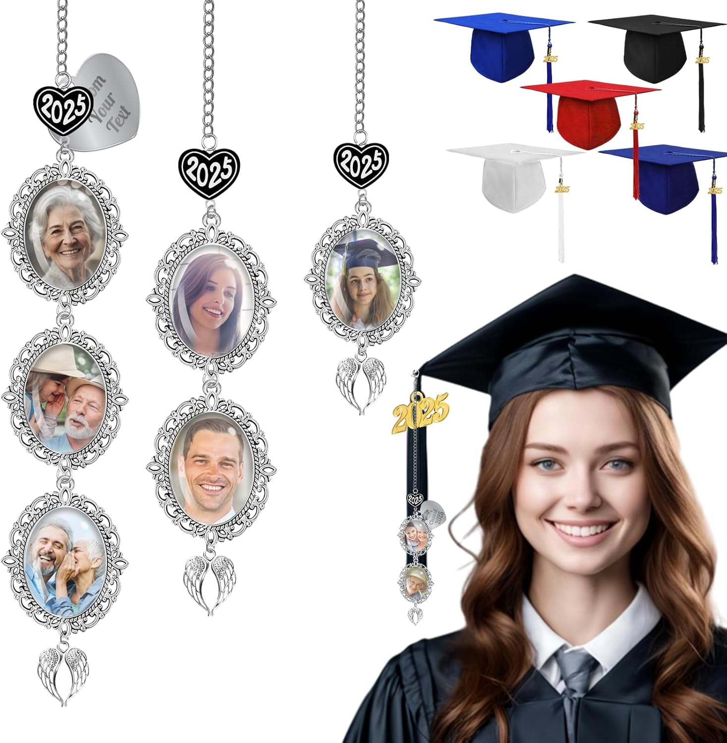2025 Custom Memorial Graduation Tassel Photo Charm with Angel Wings ...