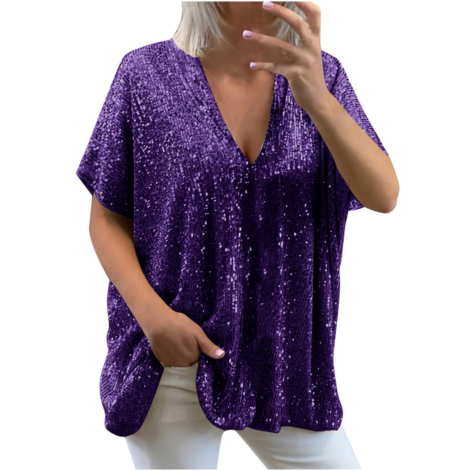 2025 Deals Miqool Plus Size Sequin Tops for Women, Shiny Glitter Short ...