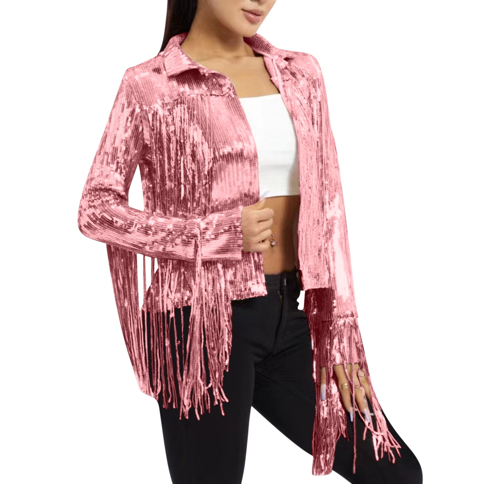 Miqool Women's Sparkly Sequin Cropped Jacket Glitter Tassels Long ...