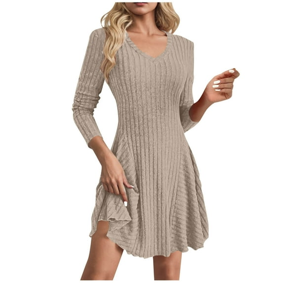 2025 Dresses for Women Long Sleeve V Neck Ribbed Knit Fall Sweater ...