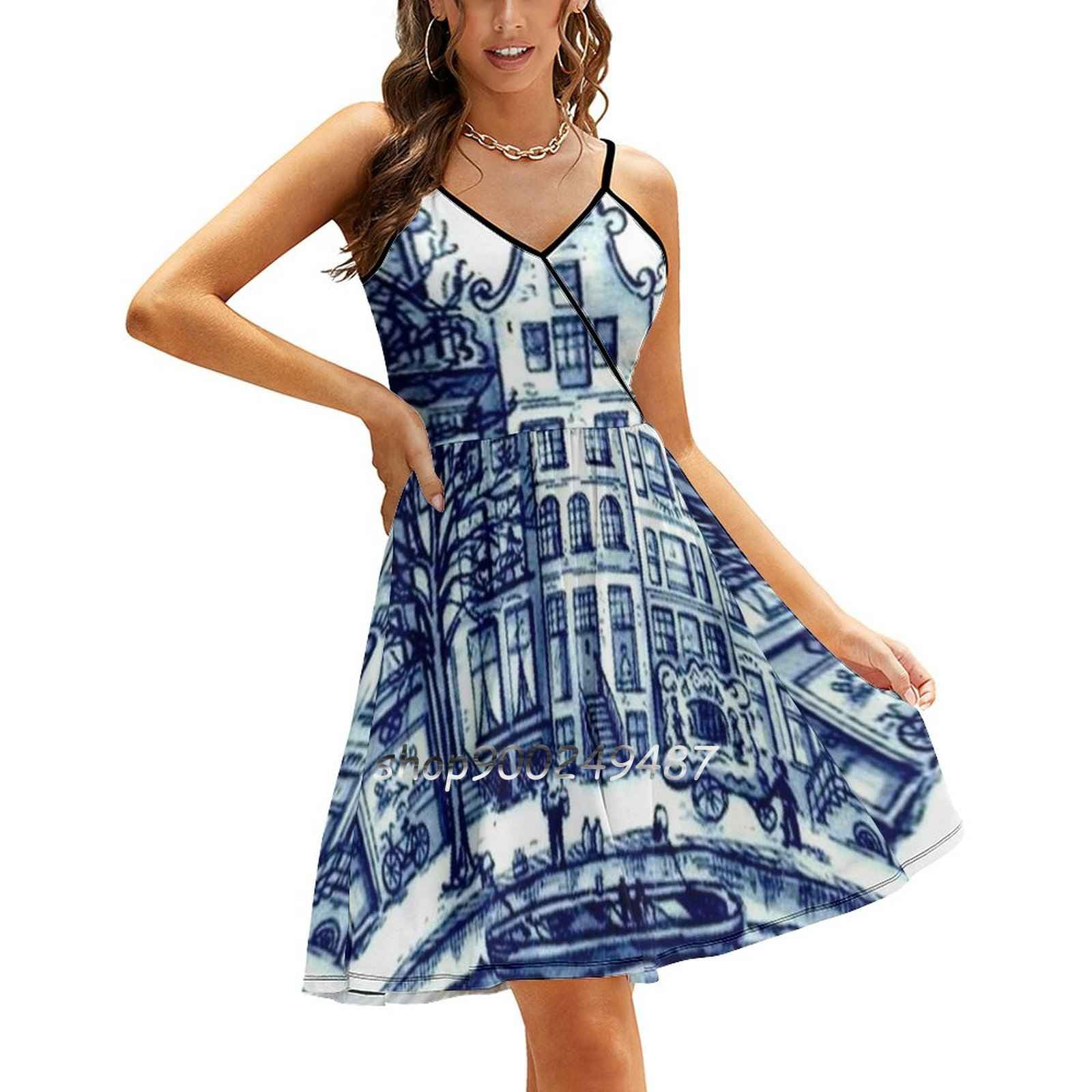 2025 Dutch Blue Delft : Vintage Boats In Canal Print Square Neck Dress ...