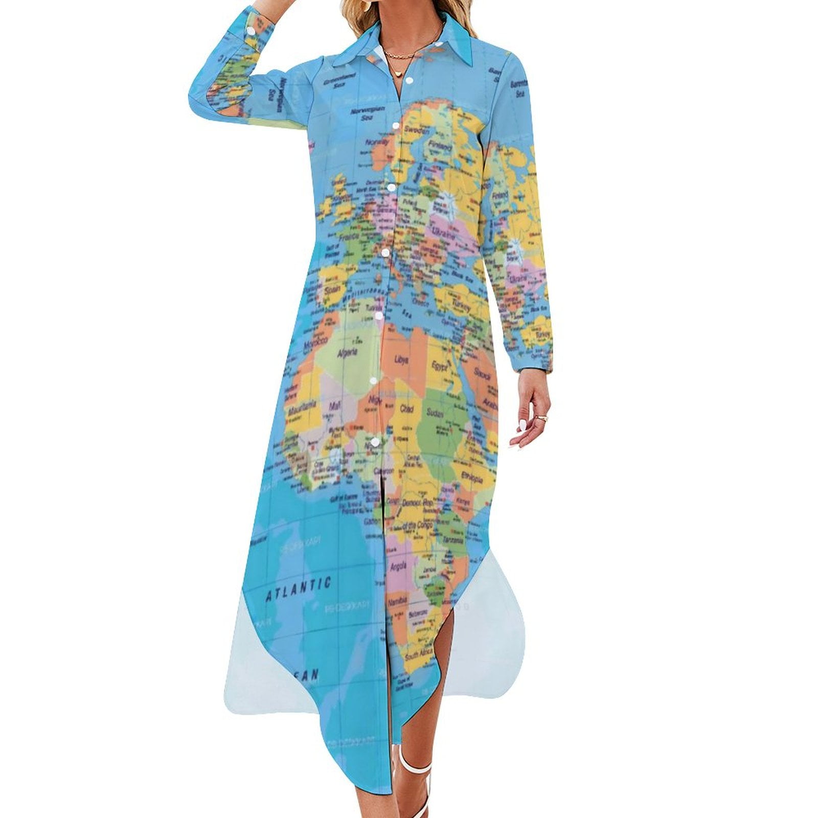 2025 Earth Map Casual Dress Map of The World Stylish Dresses V Neck ...