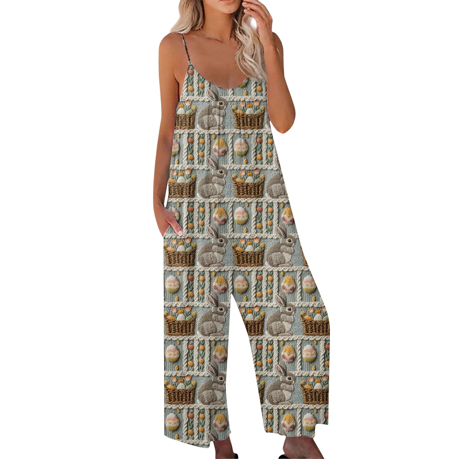 2025 Easter Jumpsuits, Fashion Printed Casual Sleeveless Wide Leg ...