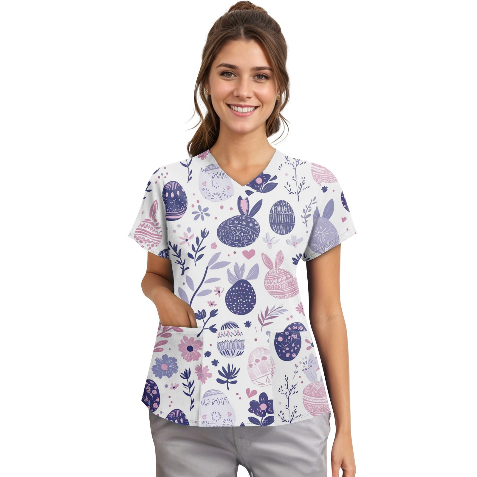 2025 Easter Scrub Tops Women Stretchy Plus Size Scrubs for Women V Neck ...