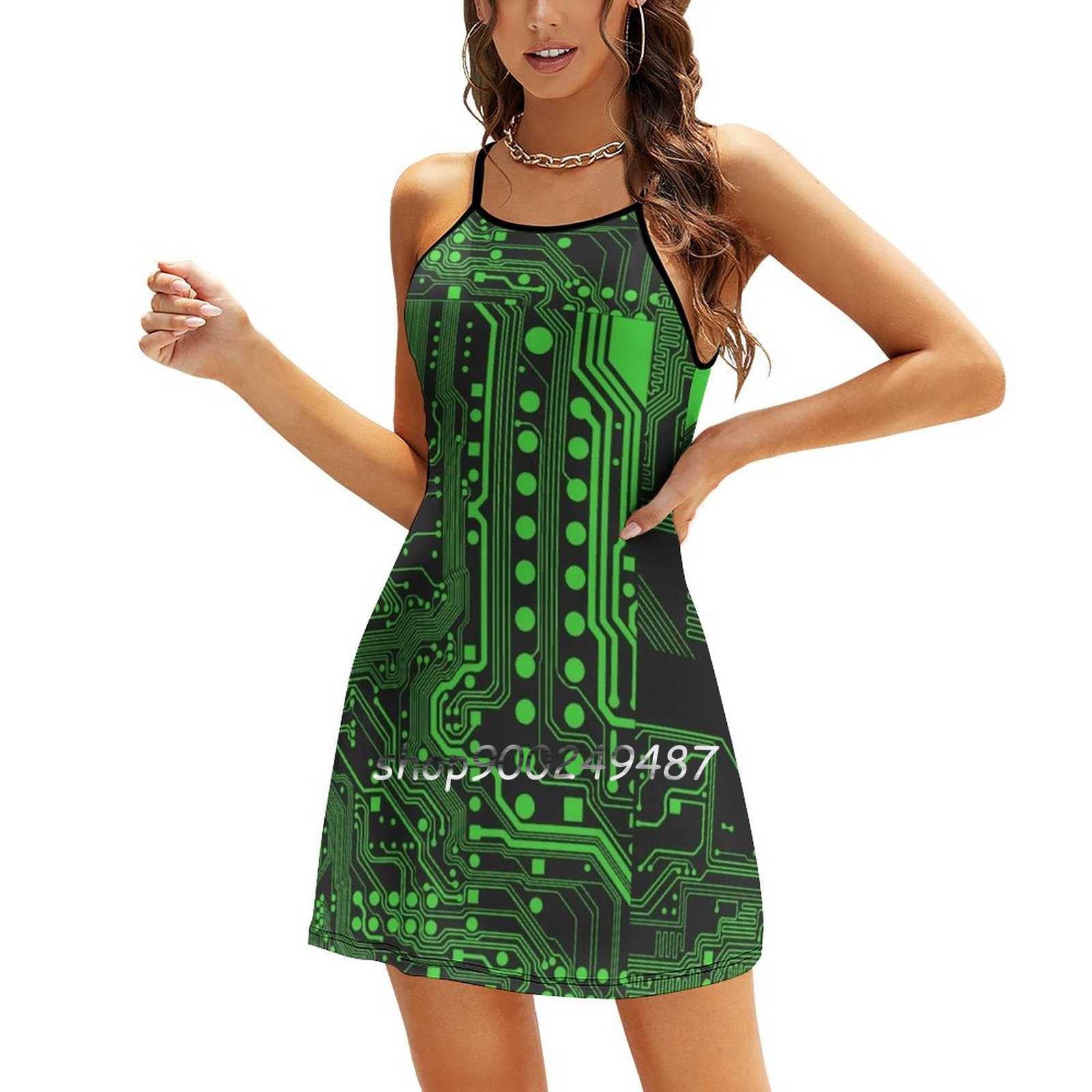 2025 Electric Circuit Pattern Flare Dress Square Neck Dress Elegant ...