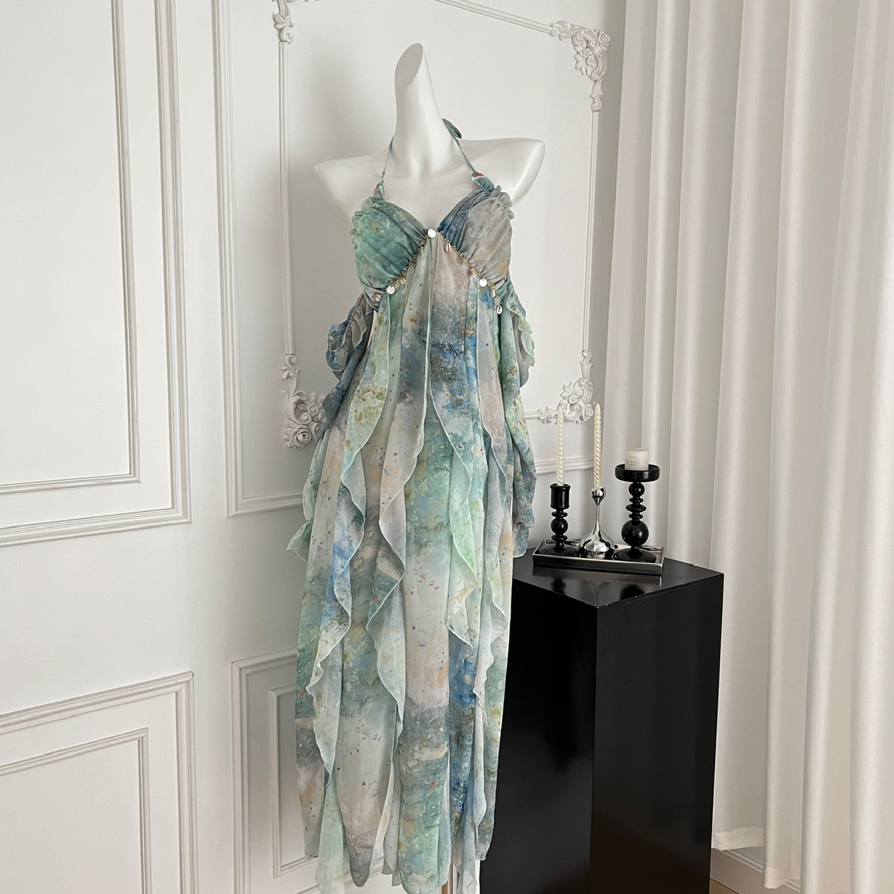 2025 Elegant Halter Neck Ruffled Maxi Dress Women Blue Green Floral ...
