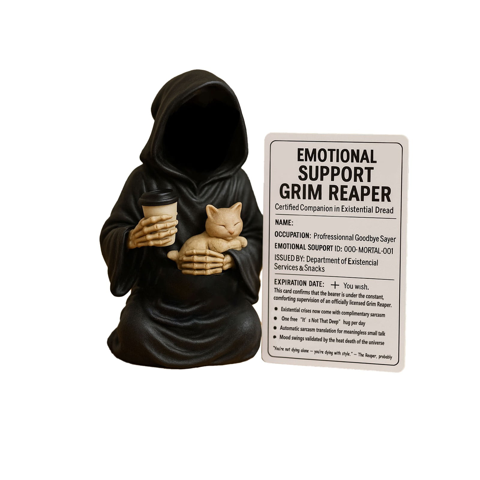 2025 Emotional Support Grim Reaper Statue with Cat and Coffee Hand-Painted Grim Reaper Statue ...