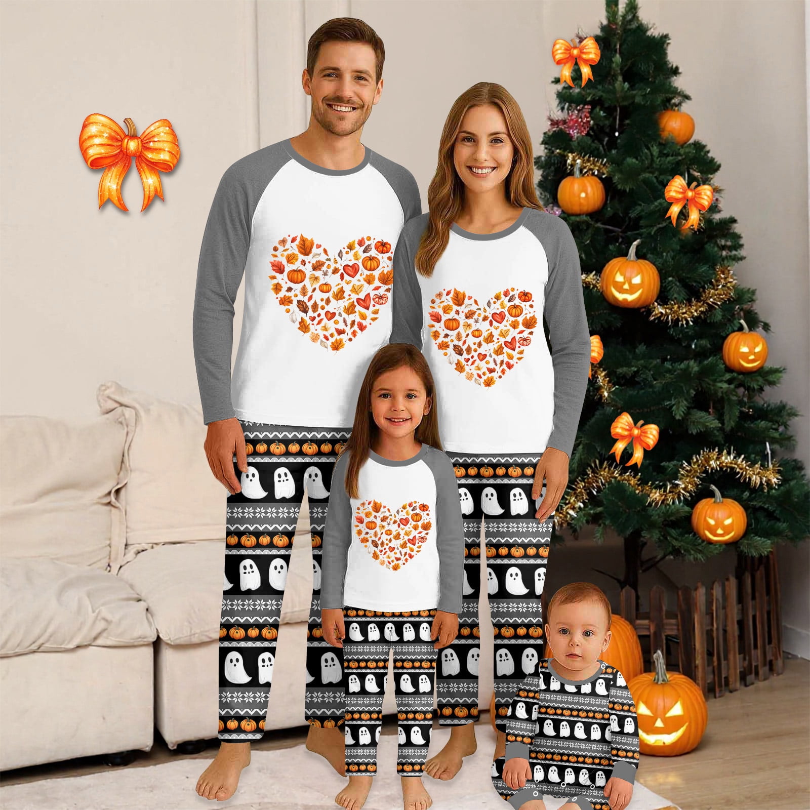 2025 Fall Family Matching Pajamas Set – Pumpkin with Bow Printed ...