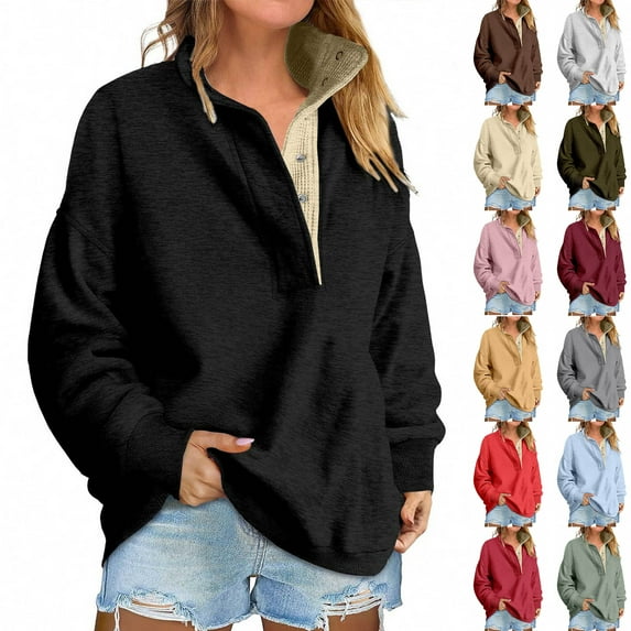 2025 Fall Mock Neck Sweatshirt Stand Collar Button Long Sleeve Pullover ...