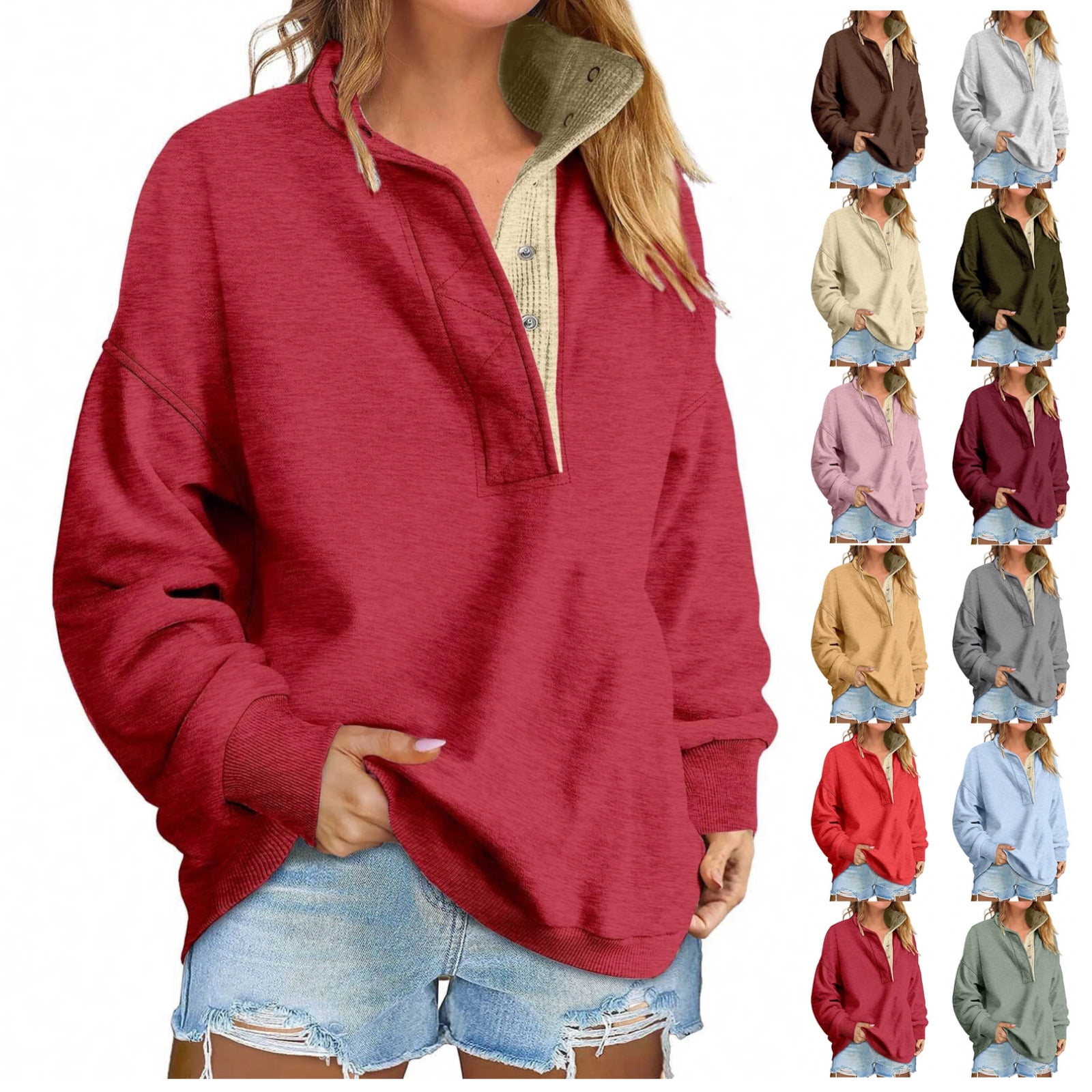 2025 Fall Oversized Sweatshirts for Women Button Up Mock Neck Long ...