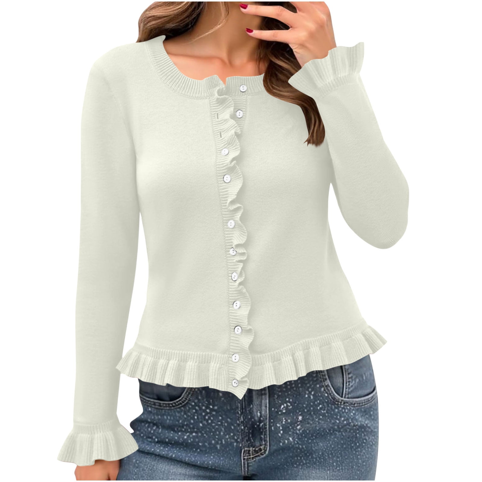 2025 Fall Winter Women Ruffle Cardigan Sweaters Button Up Crew Neck ...