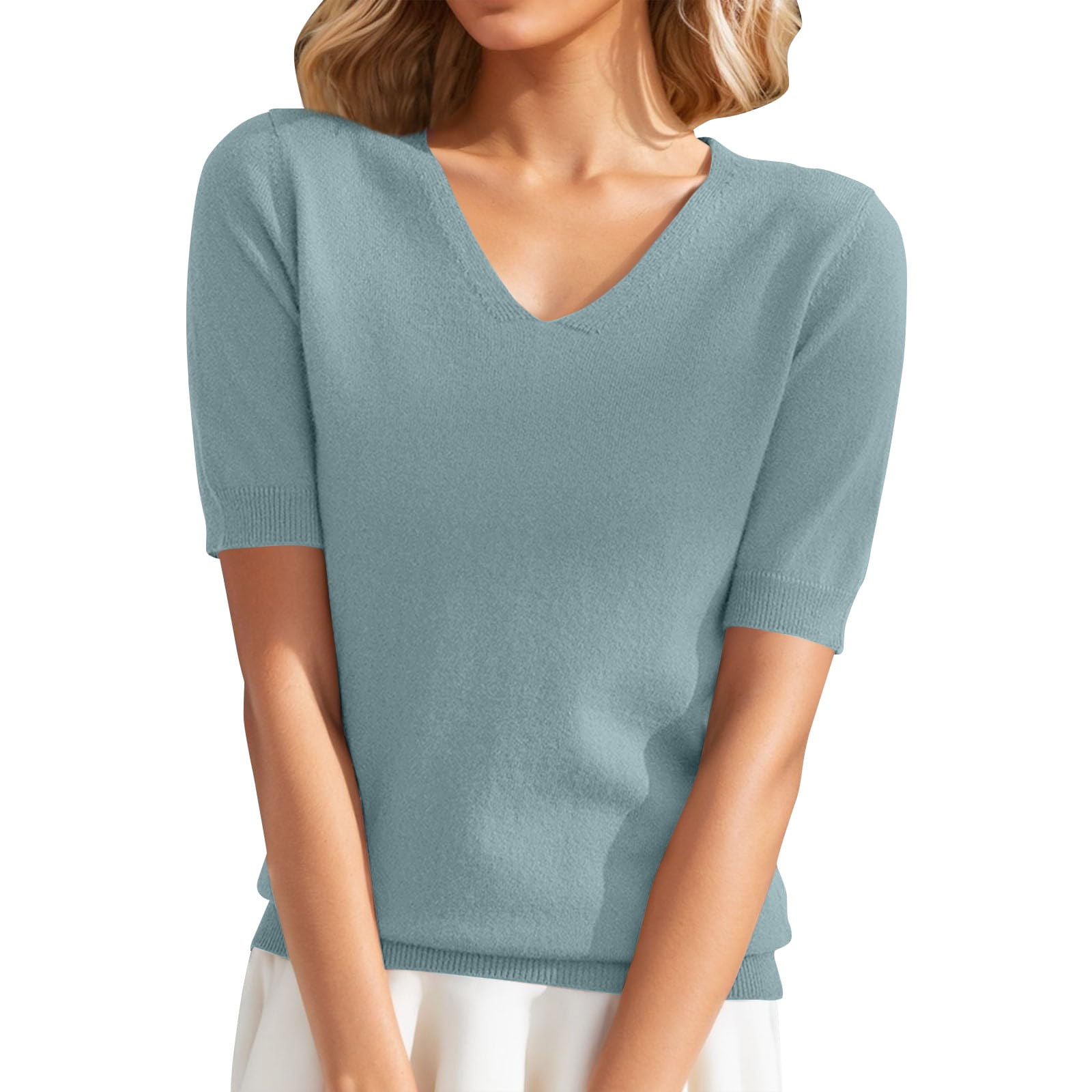 2025 Fashion Thin Knit Sweater for Women V-Neck Short Sleeve Pullover ...