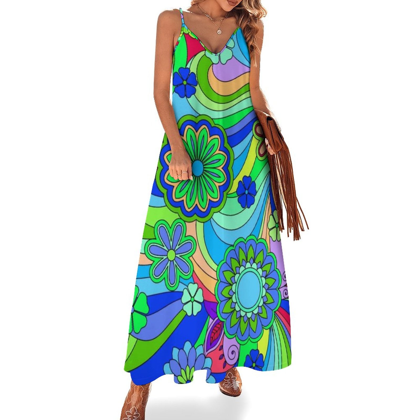 2025 Flower Power Inspired Dress Groovy Hippy Retro Maxi Dress Street Wear Casual Long Dresses ...