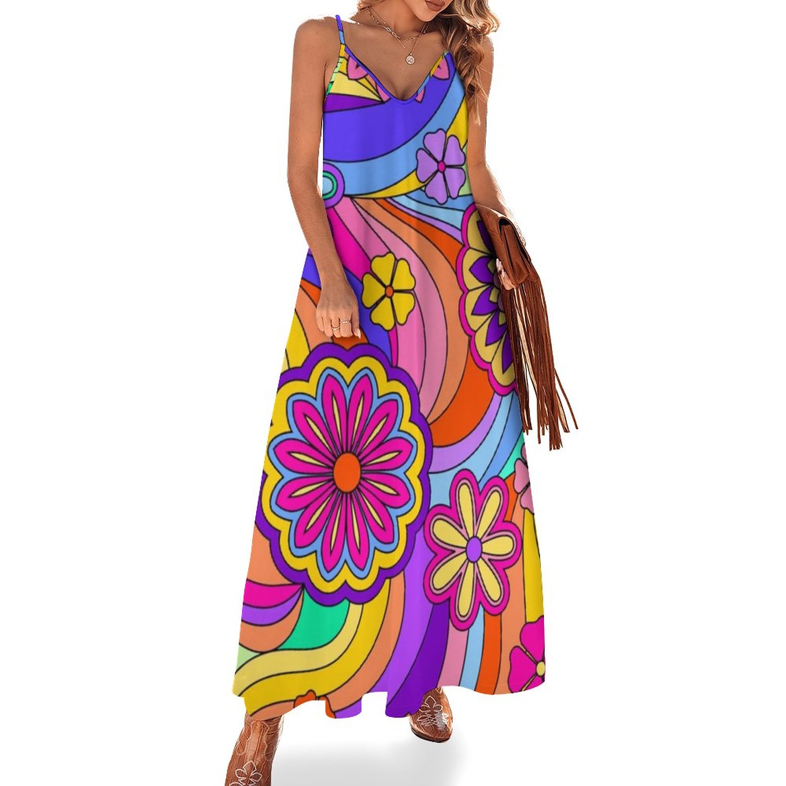 2025 Flower Power Inspired Dress Groovy Hippy Retro Maxi Dress Street ...