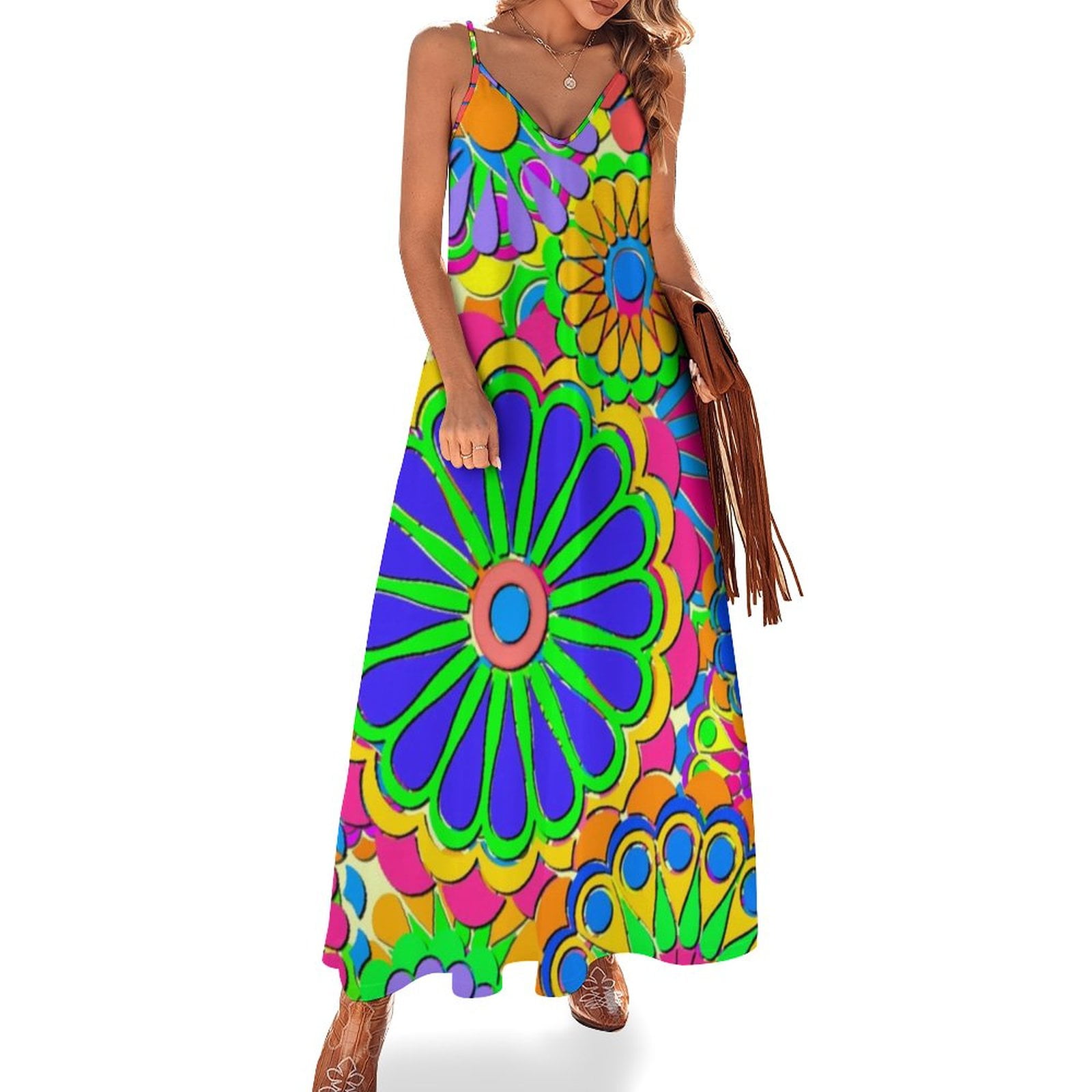 2025 Flower Power Inspired Dress Groovy Hippy Retro Maxi Dress Street ...