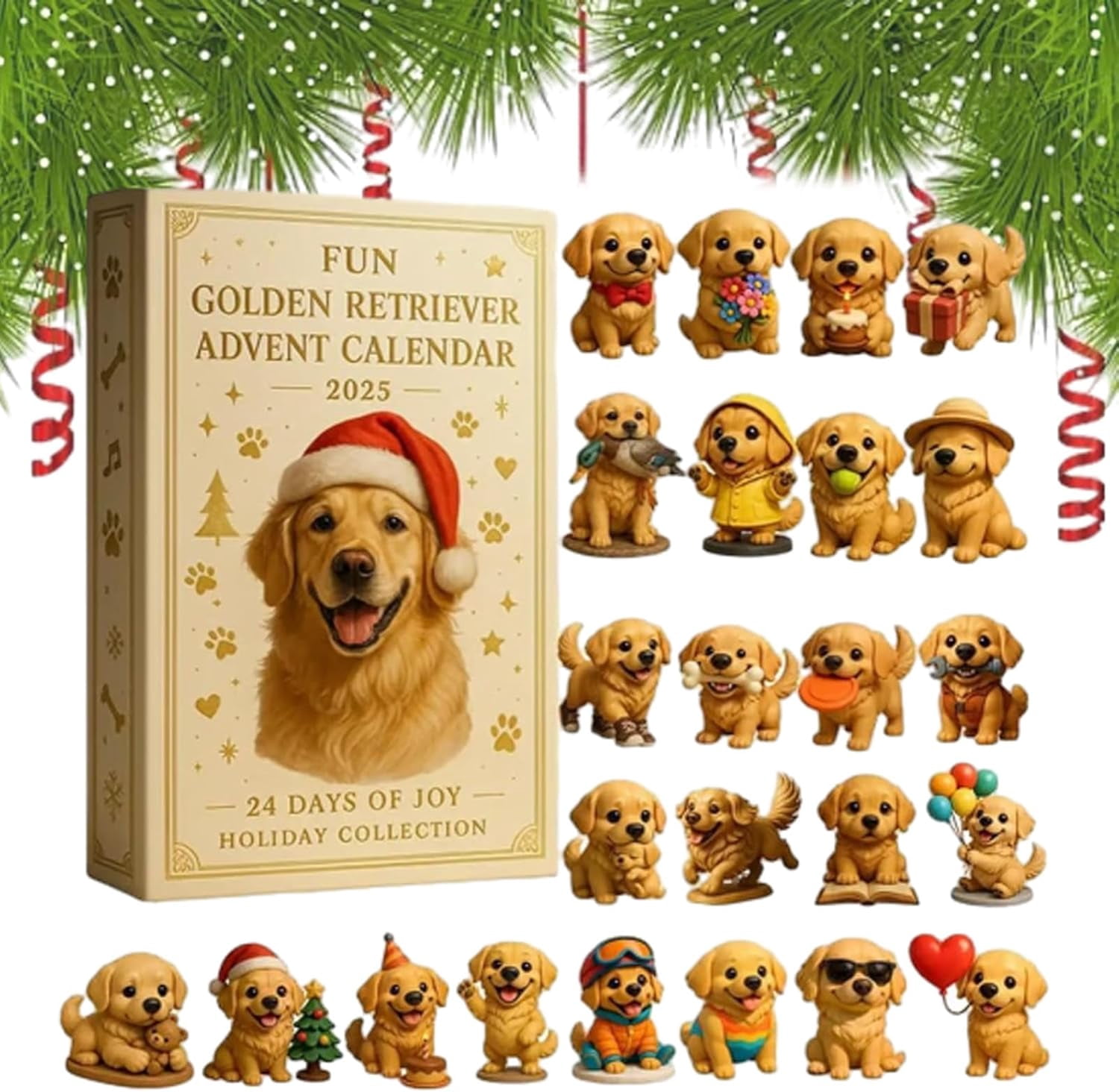 2025 Fun Golden Retriever Advent Calendar, 24Pcs 2D Festive Golden ...