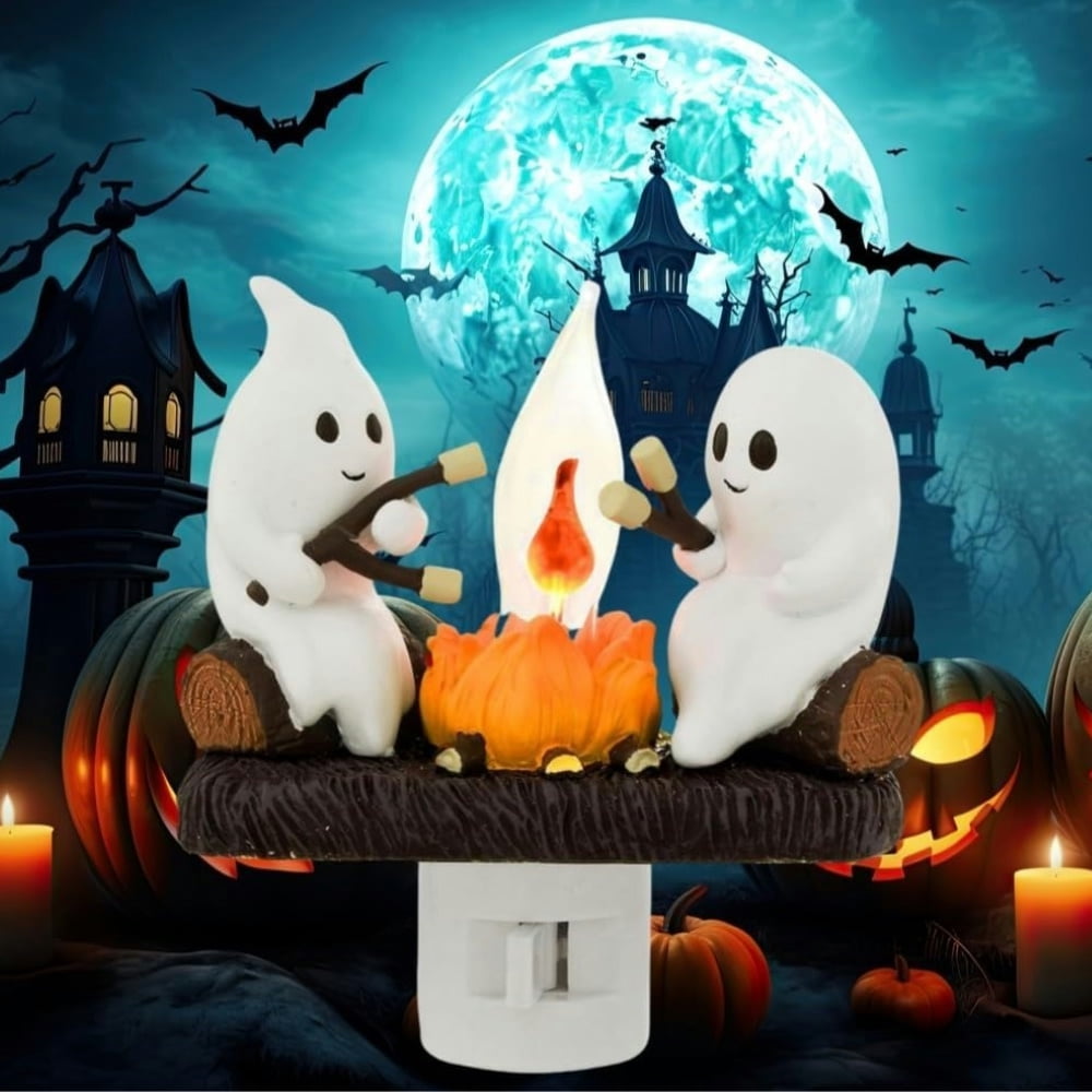 2025 Ghost Campfire Flickering Nightlight-2 Ghosts Roasting Marshmallows at Campfire, 3D Spooky ...