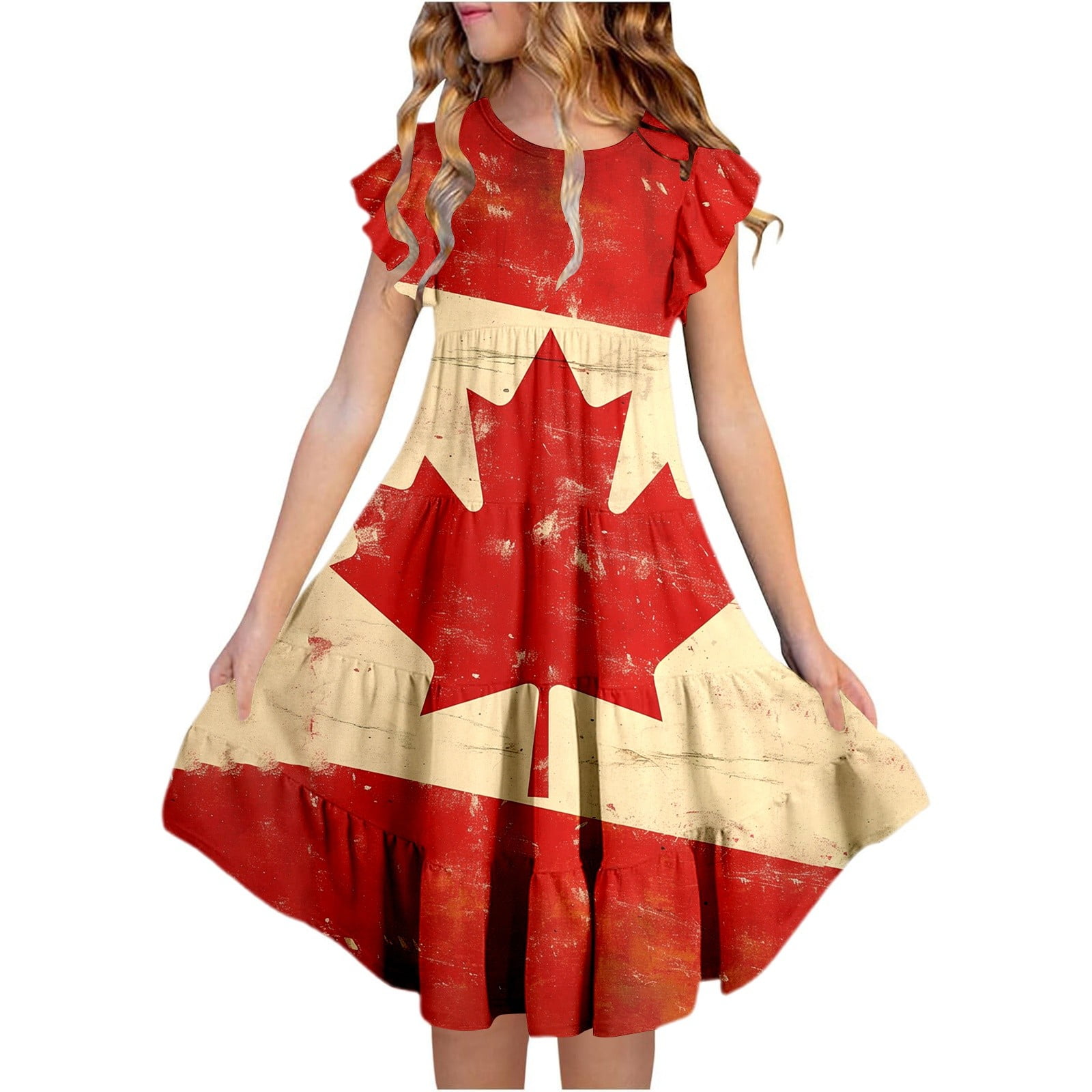 2025 Girls Essentials Dresses Canada Day Floral Cute Red White Maple ...