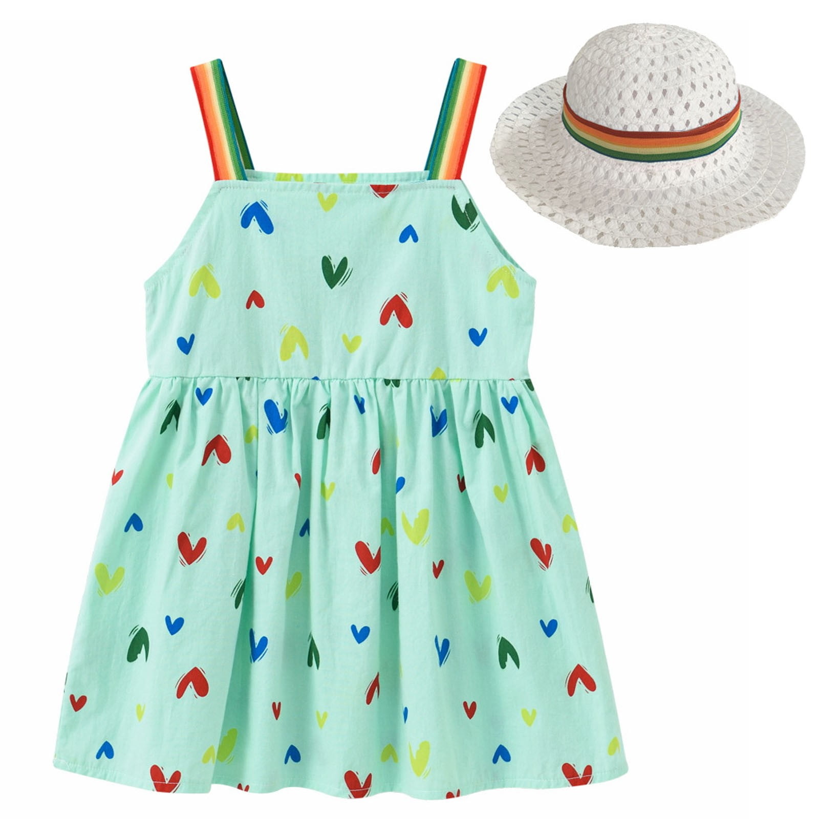 2025 Girls Essentials Dresses Summer Rainbow Strap Sunress Sun Hat ...