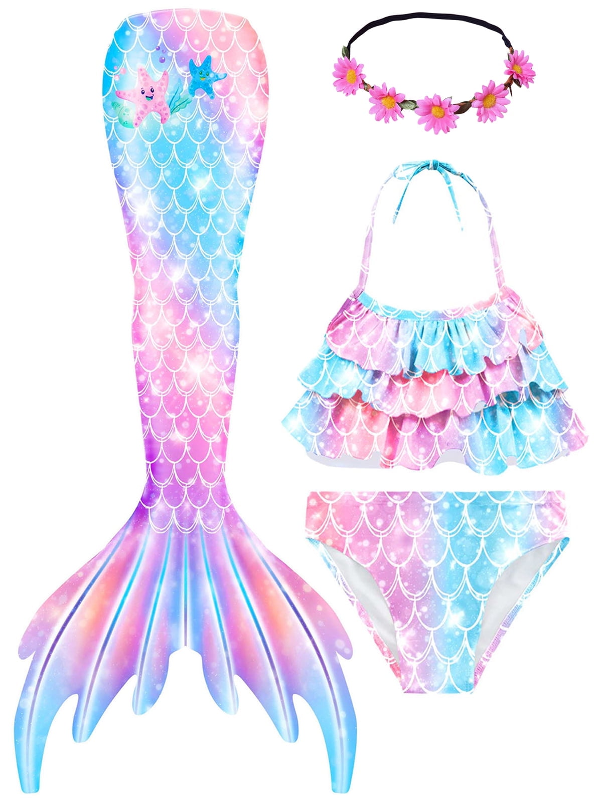 2026 Girls Swimming Mermaid Tail 4 Pcs Sets Kids Mermaid Swimwear ...