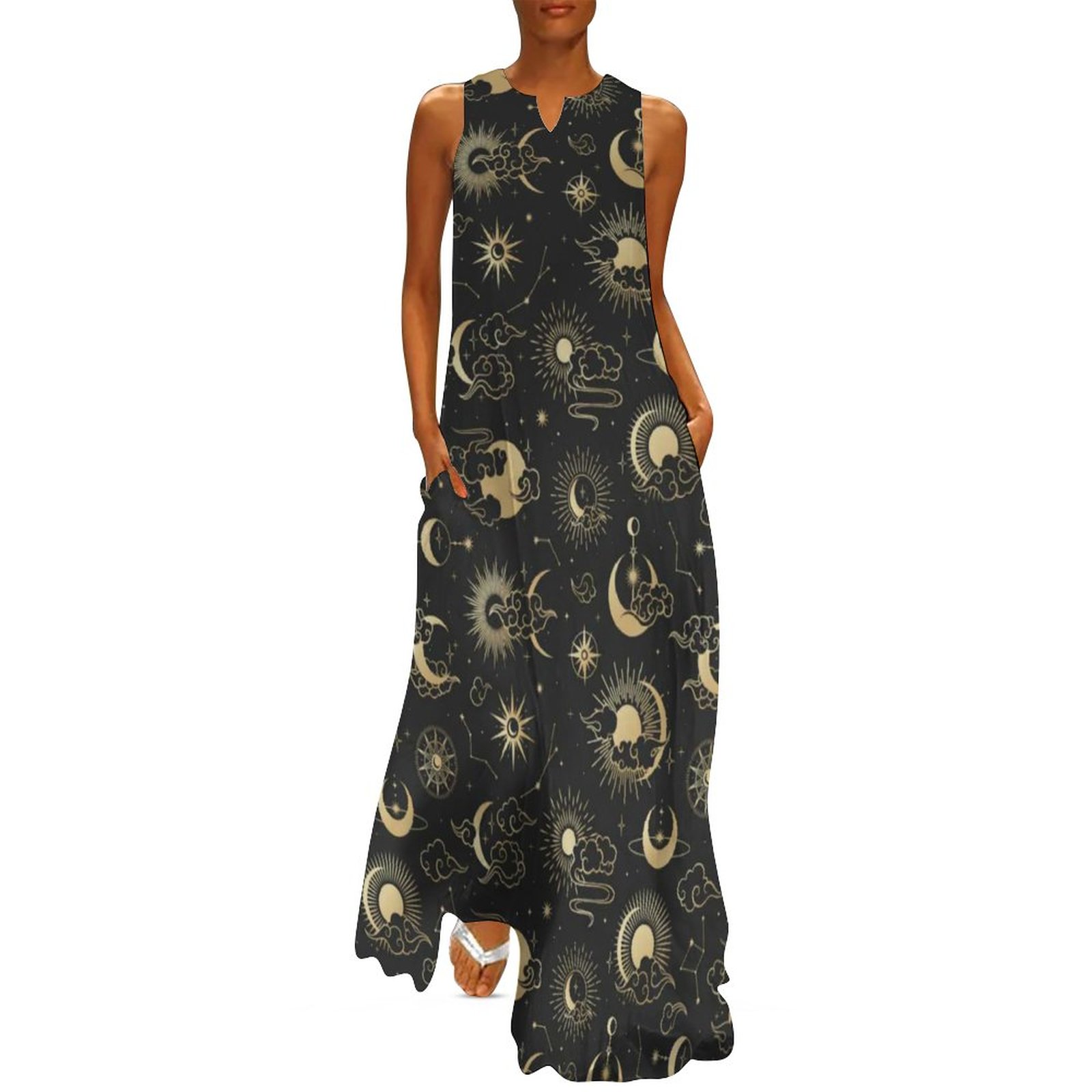 2025 Glod Moon Dress Sun And Stars Print Trendy Maxi Dress Street Style ...