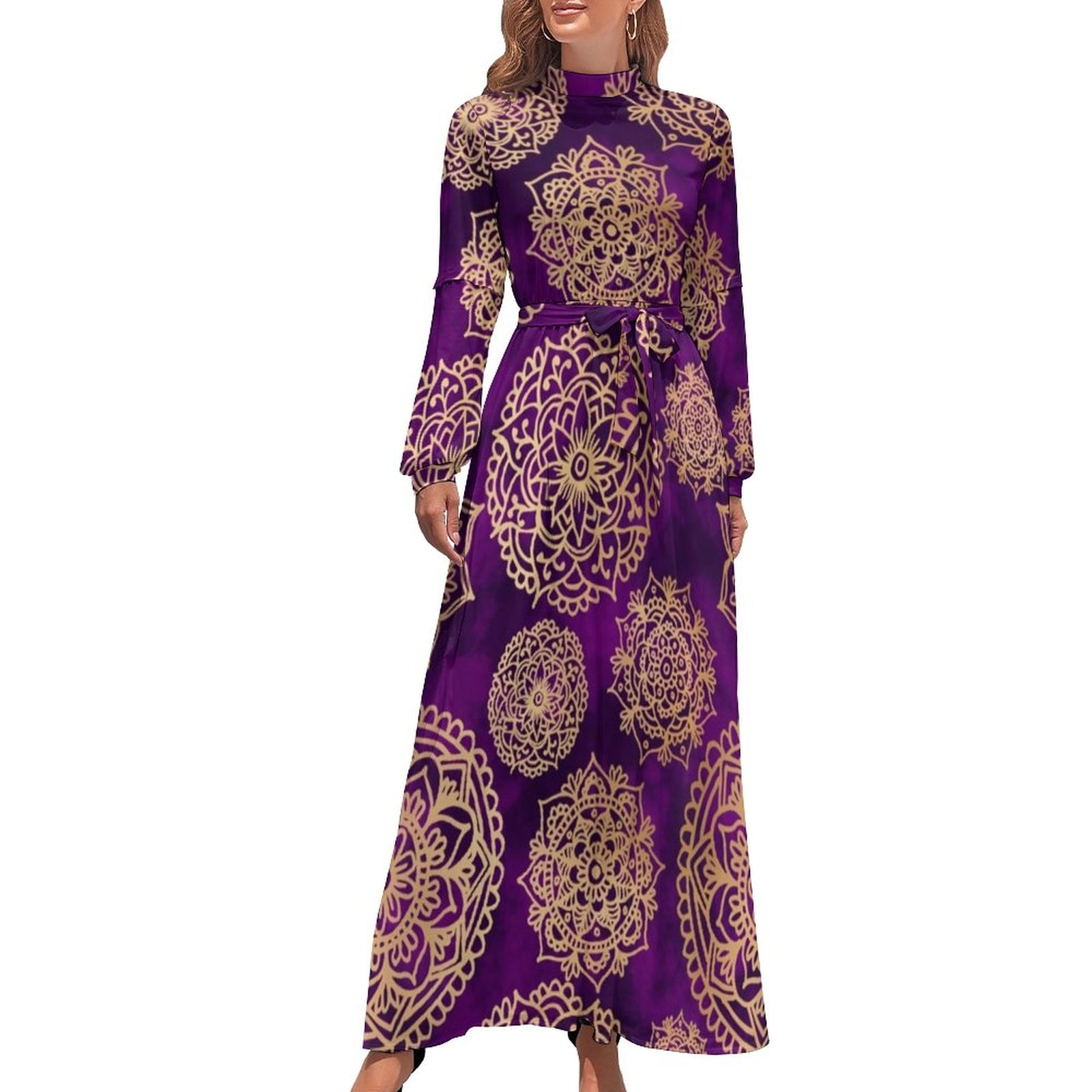 2025 Gold Mandala Print Dress Vintage Floral Kawaii Printed Maxi Dress ...