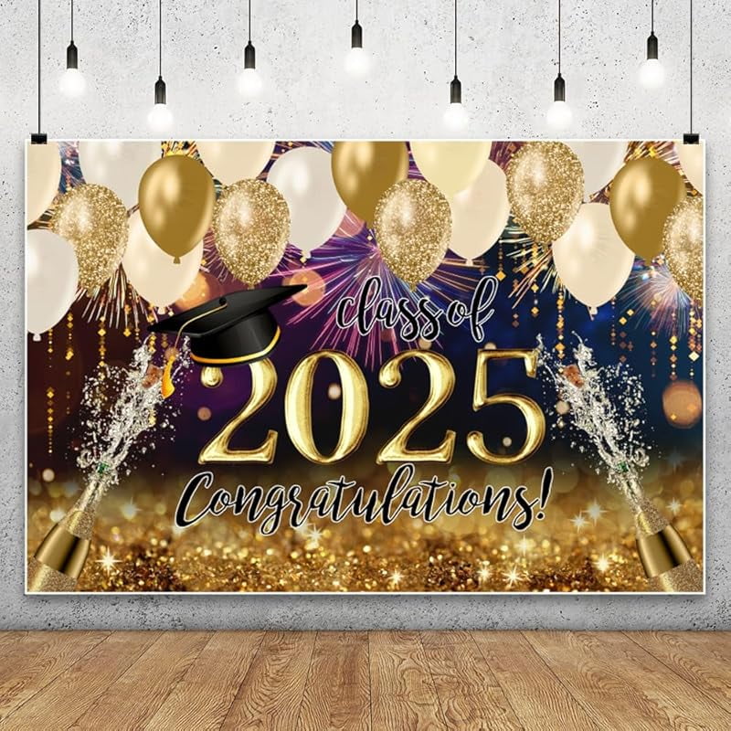 2025 Graduate Backdrop Congratulation Class of 2025 Black Gold Balloon ...