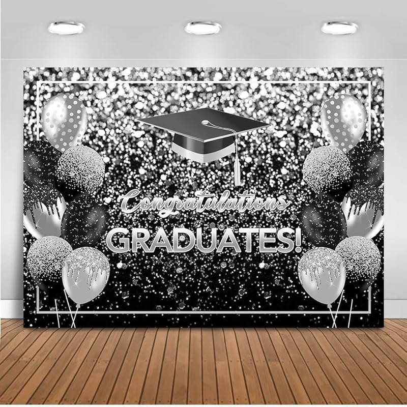 2025 Graduation Backdrop Glitter Balloons Bachelor Cap Congratulations ...