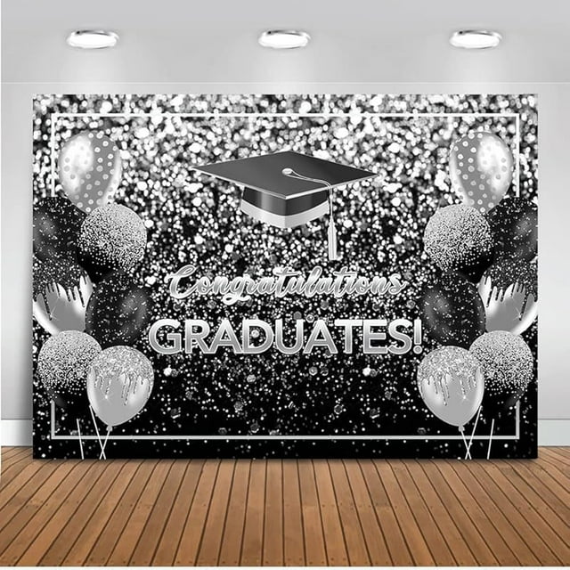 2025 Graduation Backdrop Glitter Balloons Bachelor Cap Congratulations ...