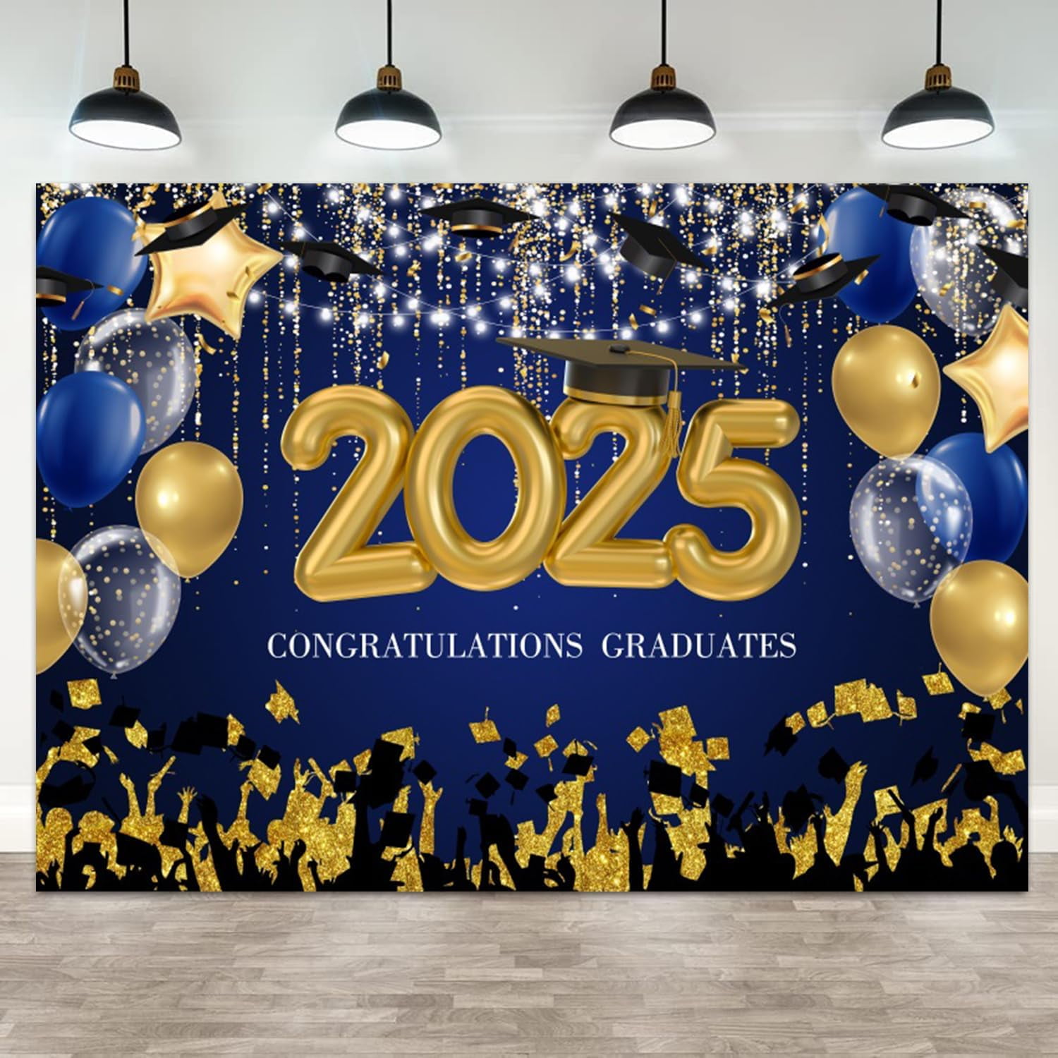 2025 Graduation Backdrop Gold Silver Glitter Cap Celebration Blue ...