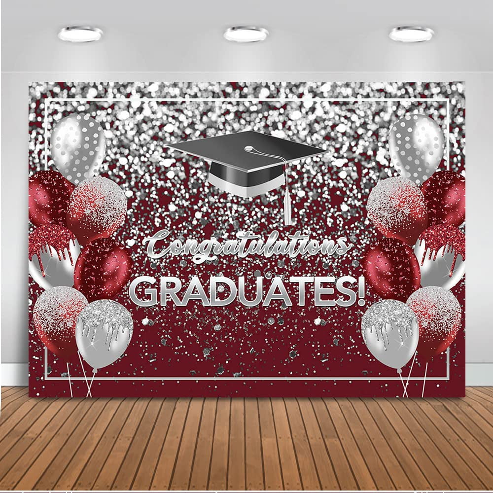 2025 Graduation Backdrop Red and Sliver Glitter Balloons Bachelor Cap ...