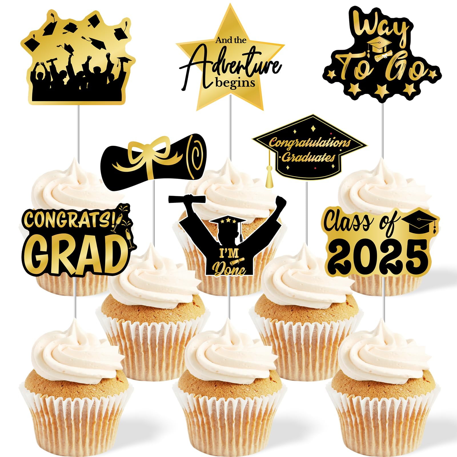 2025 Graduation Cupcake Toppers SSF20 - 48 Pcs Black Gold Graduation ...