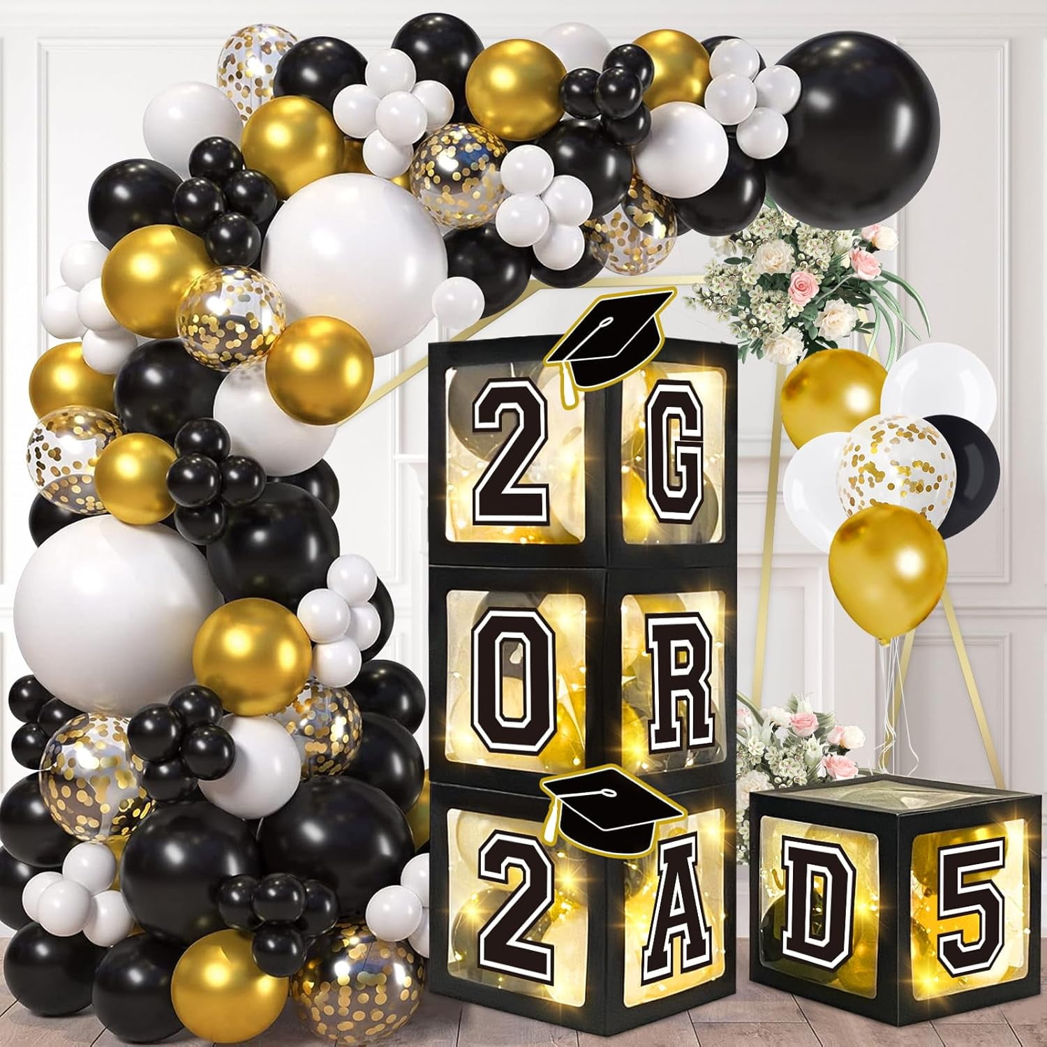 2025 Graduation Decorations Black and Gold - Set of 4 Grad Boxes with ...