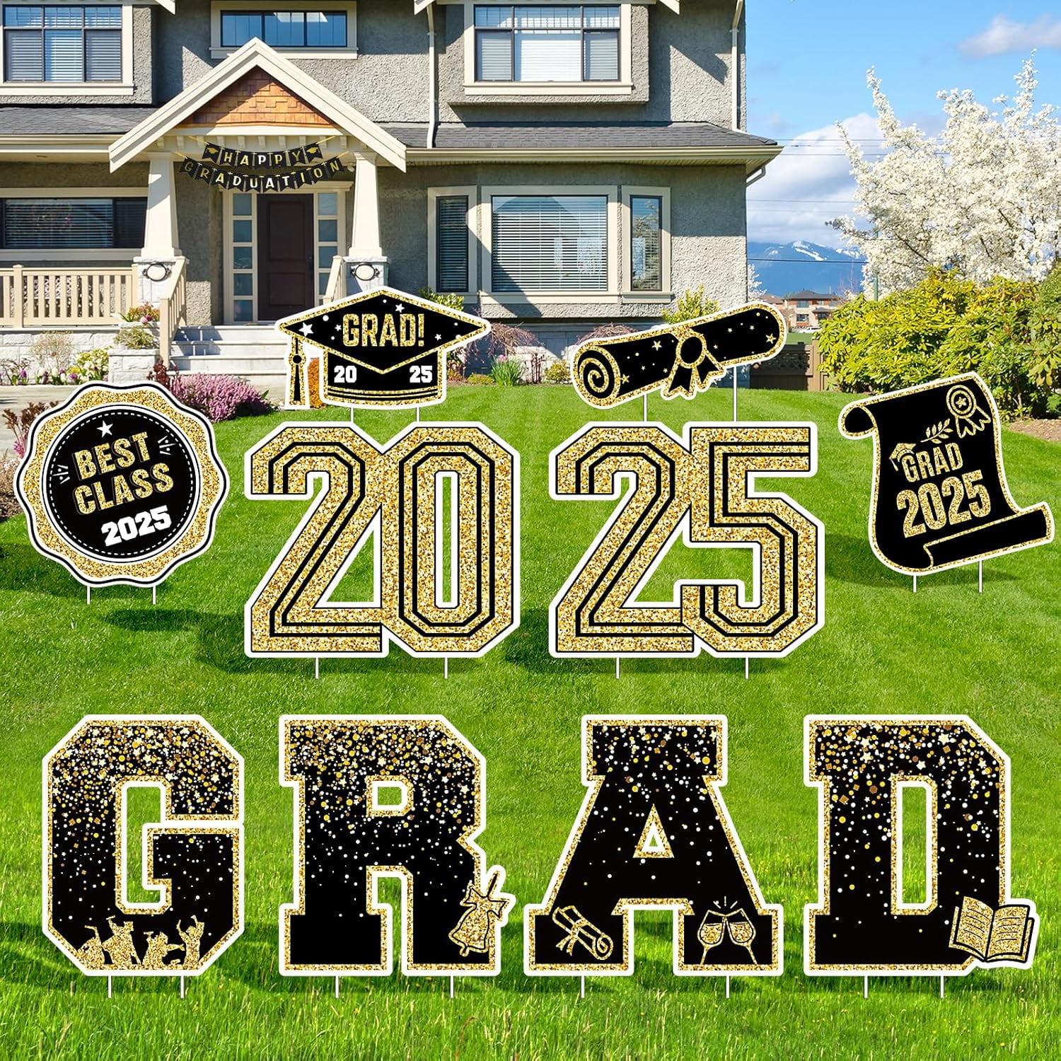 2025 Graduation Decorations Yard Signs – 10PCS Black and Gold Congrats ...