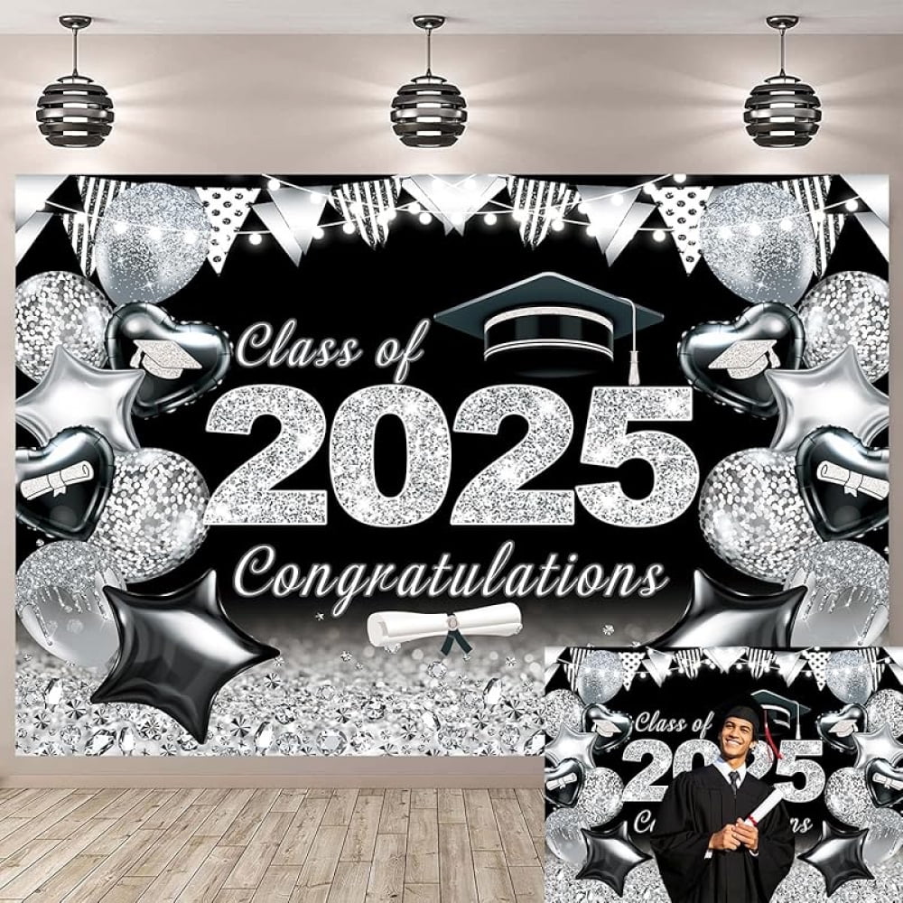2025 Graduation Party Backdrop 8X6FT Black Silver Class of 2025 Glitter ...