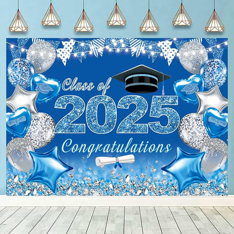2025 Graduation Party Backdrop Blue Silver Class of 2025 Glitter ...