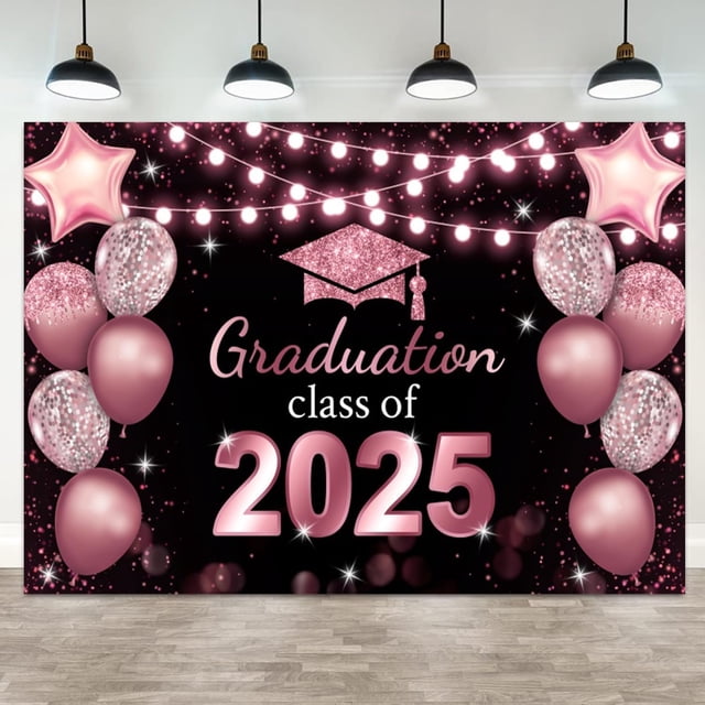 2025 Graduation Party Backdrop Pink Black Class of 2025 Glitter ...