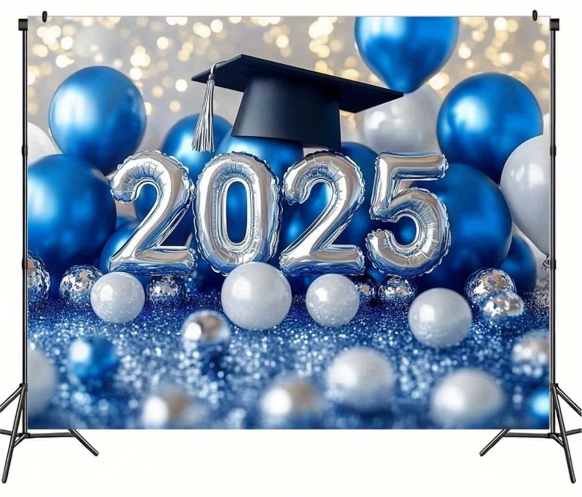 2025 Graduation Party Banner Blue and Silver Balloons Congrats Grad ...