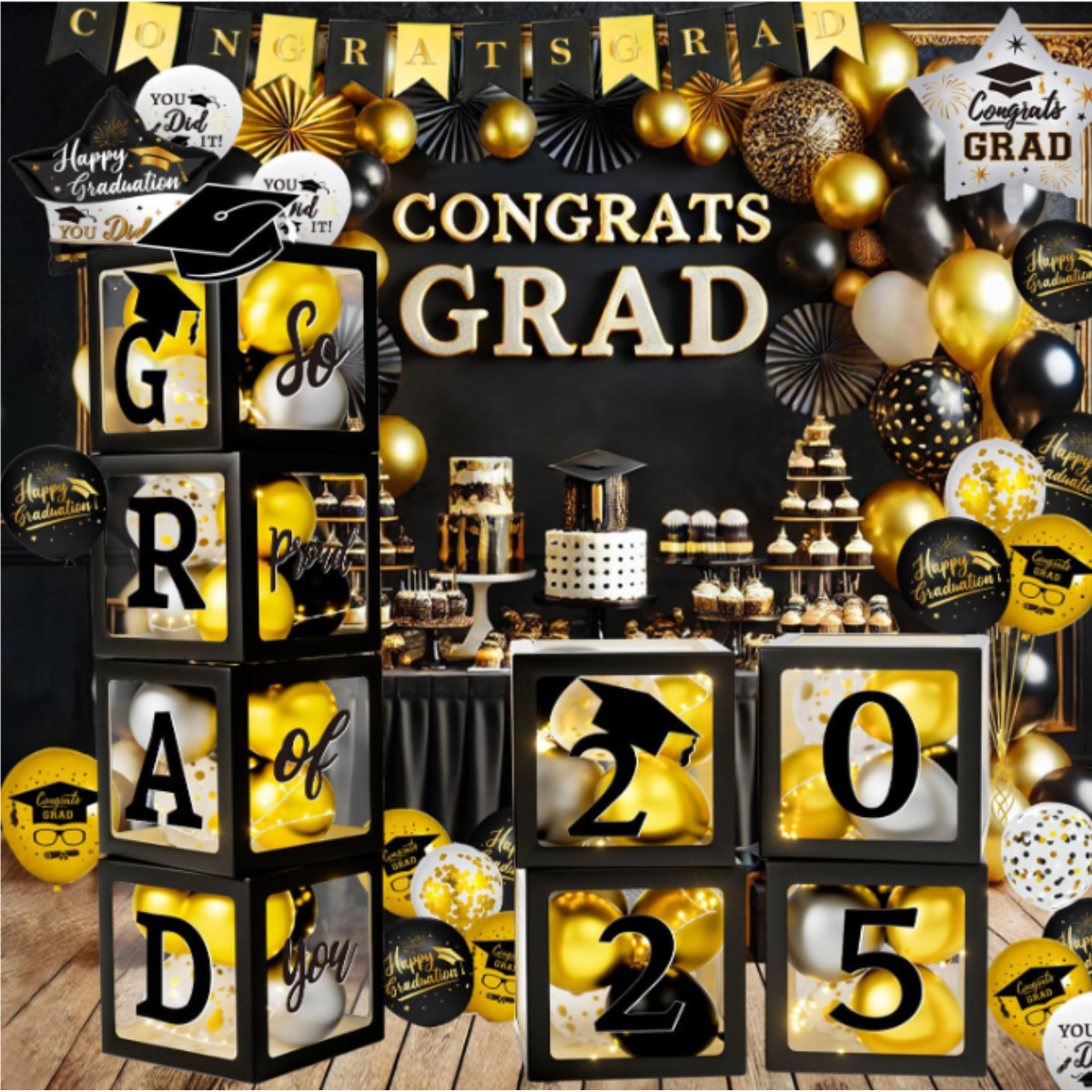 2025 Graduation Party Decoration Black Balloon Boxes with Letters 2025 ...