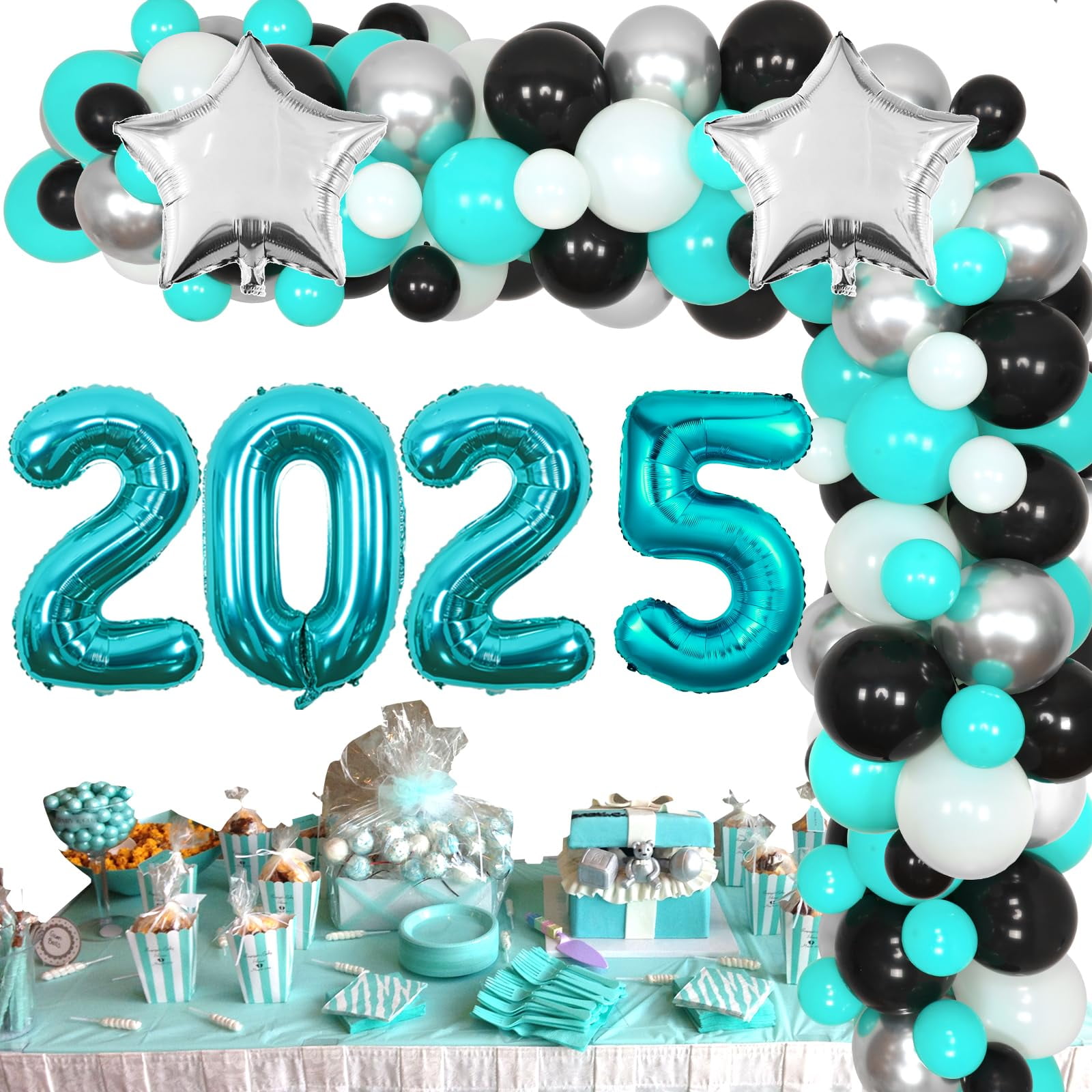 2025 Graduation Party Decorations Kit - Teal and Black Balloon Garland ...