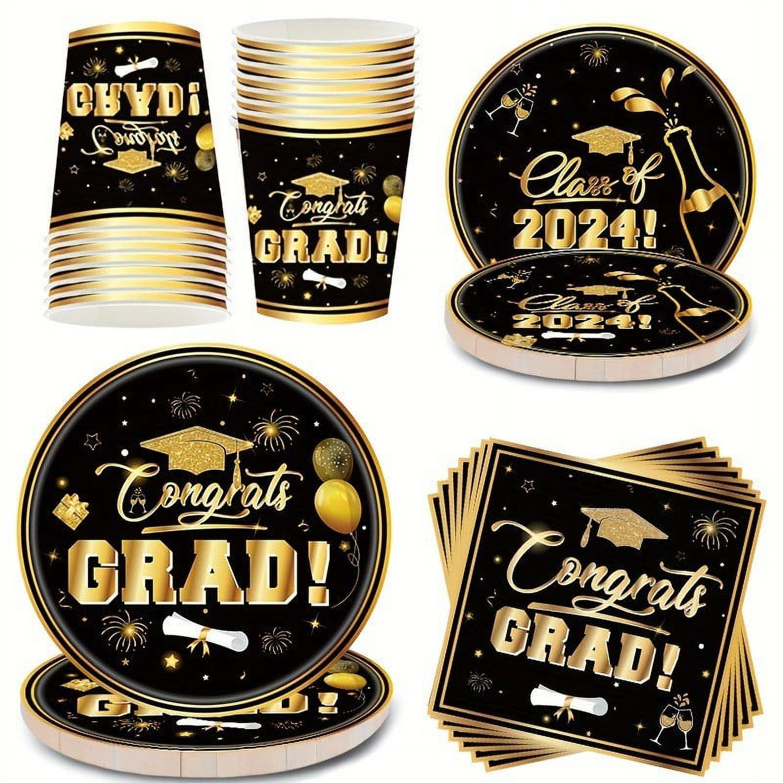 2025 Graduation Party Supplies Tableware Set Black Gold Graduation ...